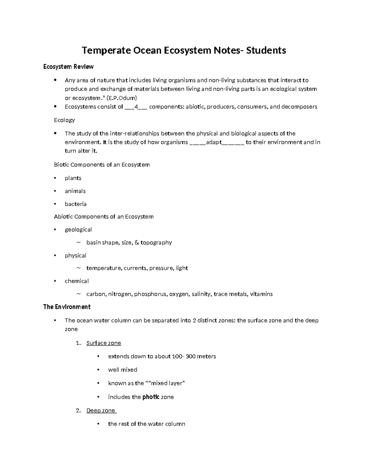 Temperate Ocean Ecosystem Notes- Students - Temperate Ocean Ecosystem ...