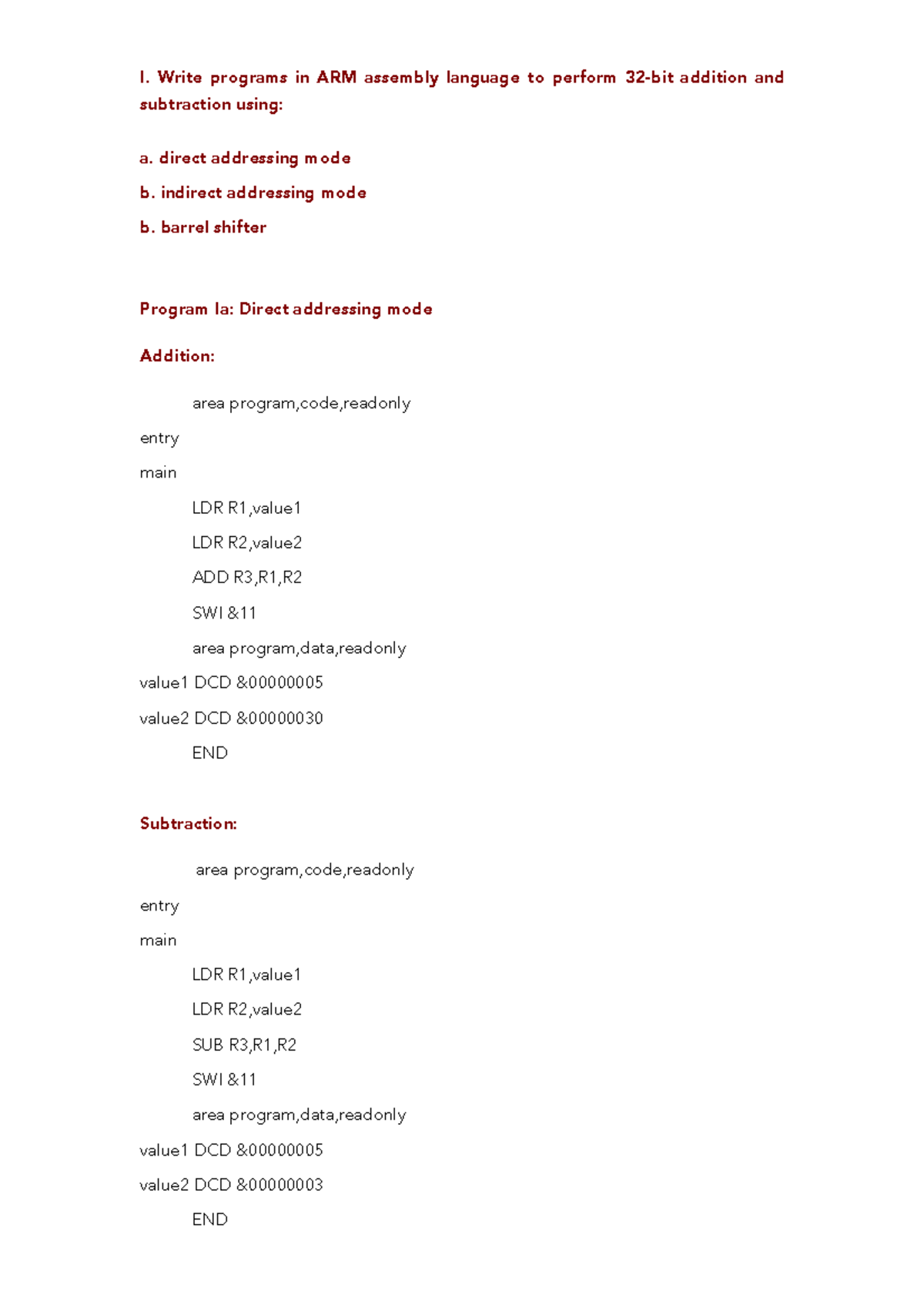 ARM Codes - sdadsa - I. Write programs in ARM assembly language to ...