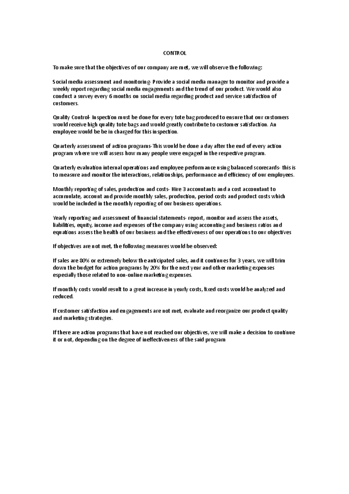 Sample control procedures for a company - CONTROL To make sure that the ...