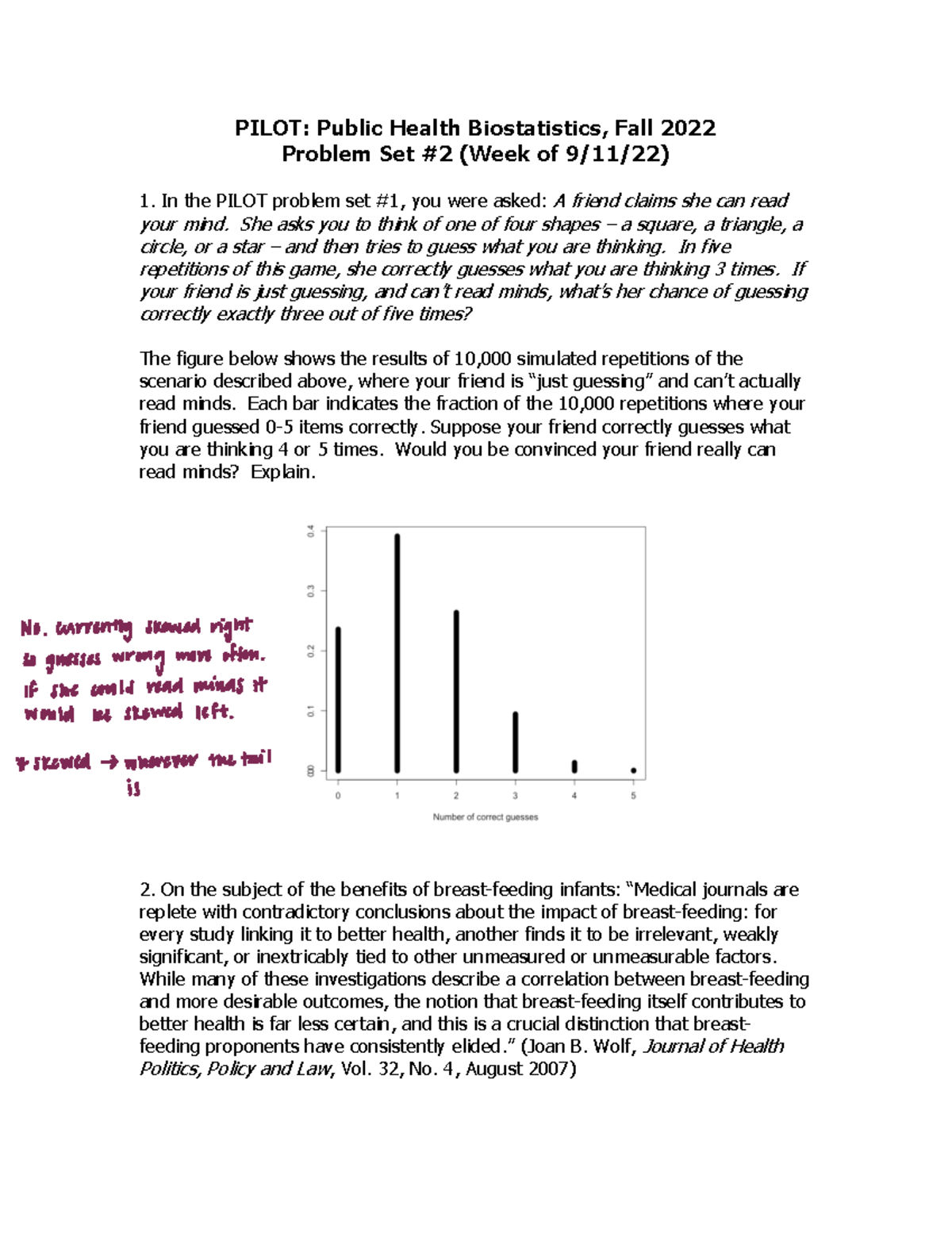 Biostatspilotsolutions 2 - PILOT: Public Health Biostatistics, Fall 2022 Problem Set #2 (Week of ...