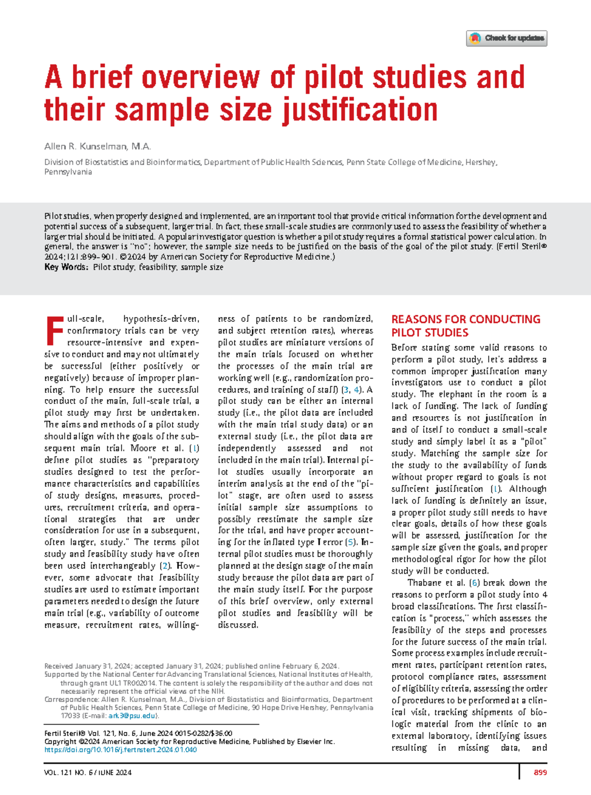 Article 1 - A brief overview of pilot studies and their sample size ...