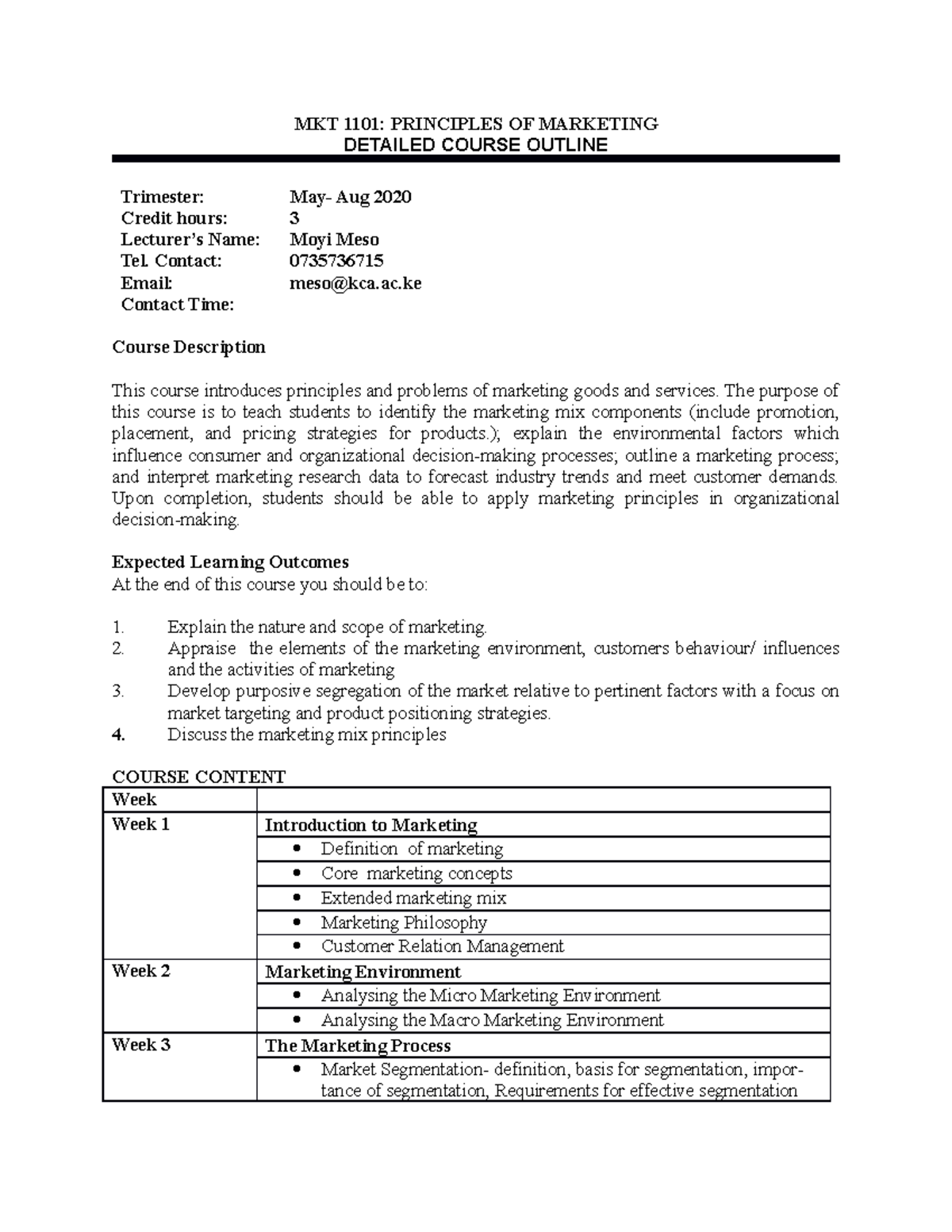 0 principles of mkt(Outline) - MKT 1101: PRINCIPLES OF MARKETING ...