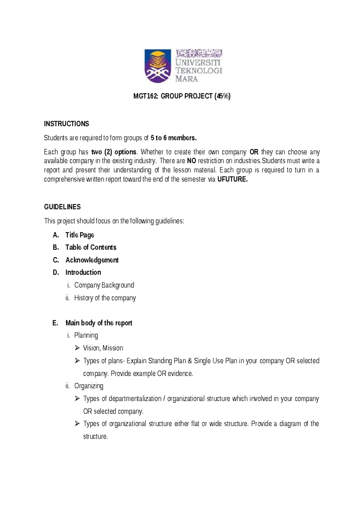 MGT162 Group Project October 2023 - MGT162: GROUP PROJECT (45% ...