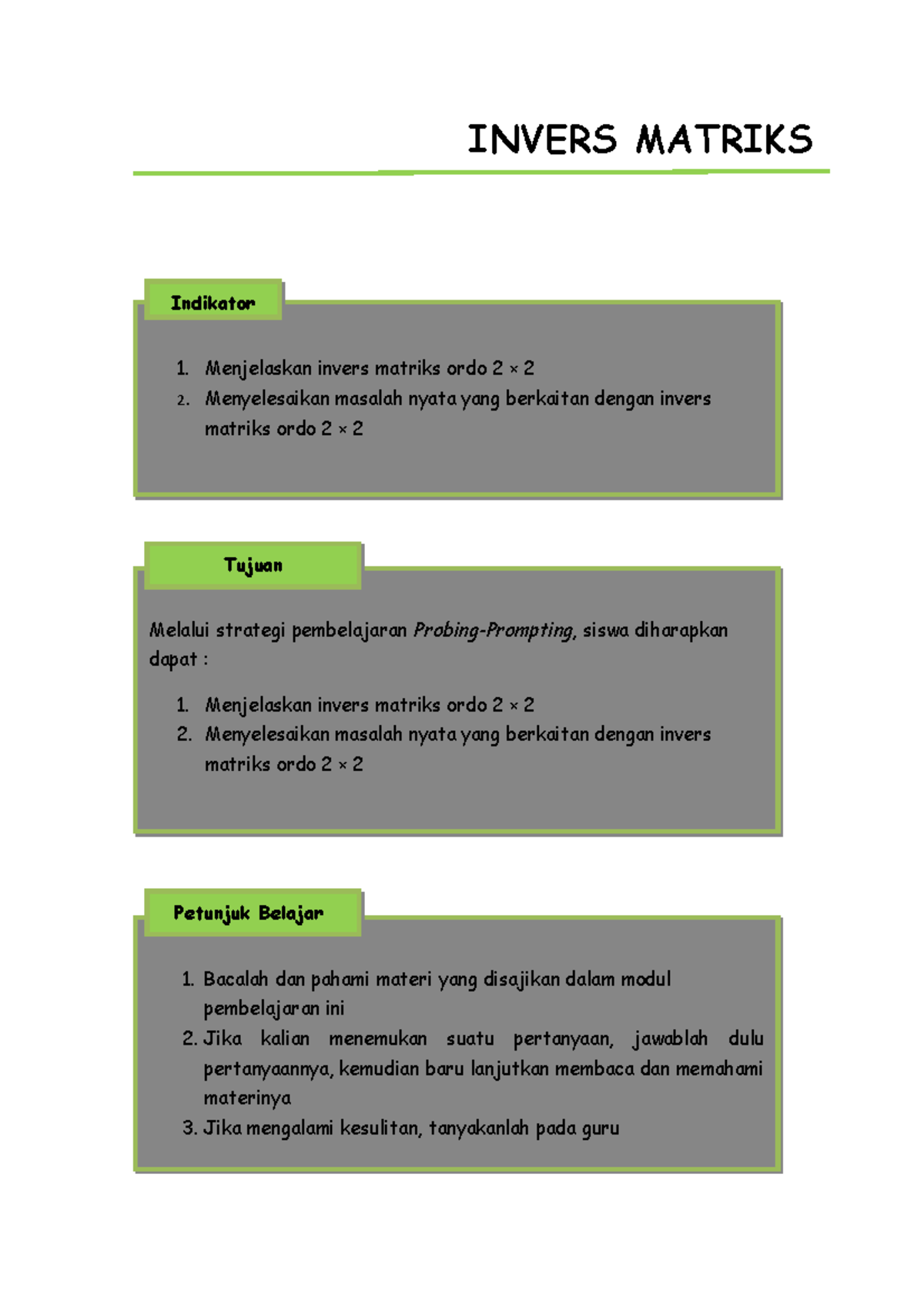 Bahan Ajar 1 - INVERS MATRIKS Menjelaskan invers matriks ordo 2 × 2 ...
