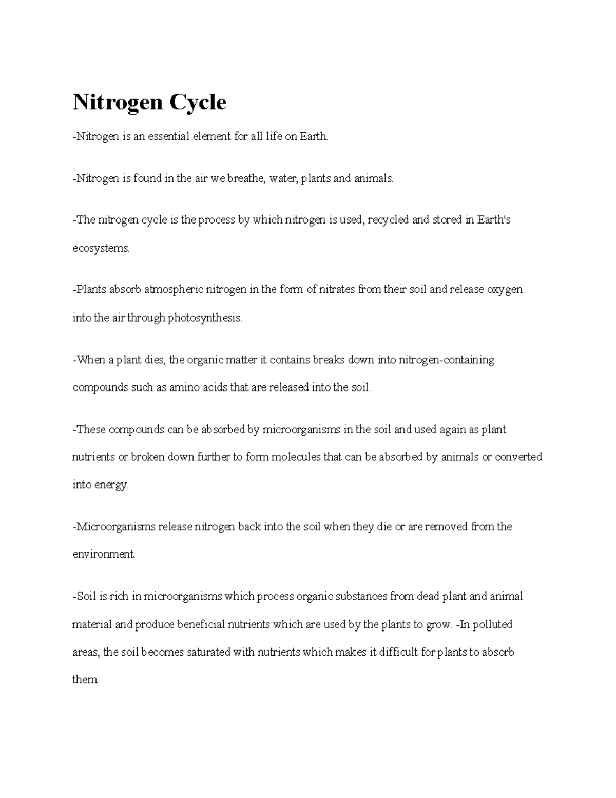 Nitrogen Cycle* - notes from 1/6 - Nitrogen Cycle -Nitrogen is an ...