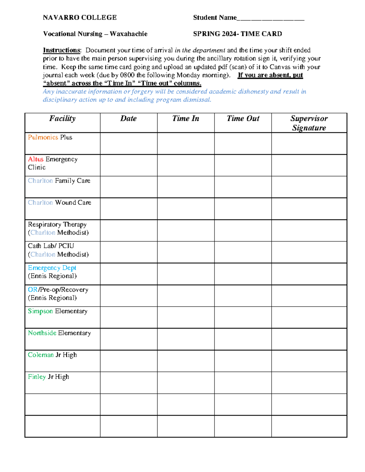 TIME CARD Wax Spring 2024 - NAVARRO COLLEGE Student Name ...