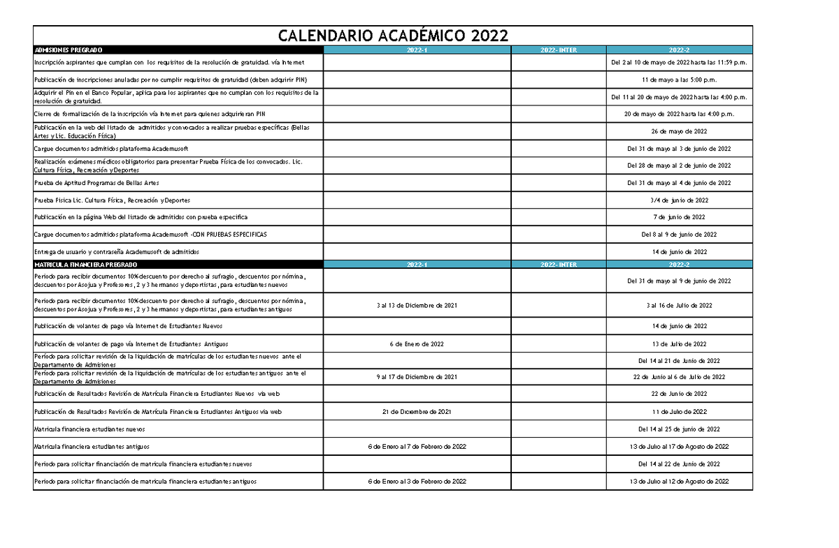 Calendario Academico 2022-1 - ADMISIONES PREGRADO 2022-1 2022- INTER 2022- InscripciÛn ...