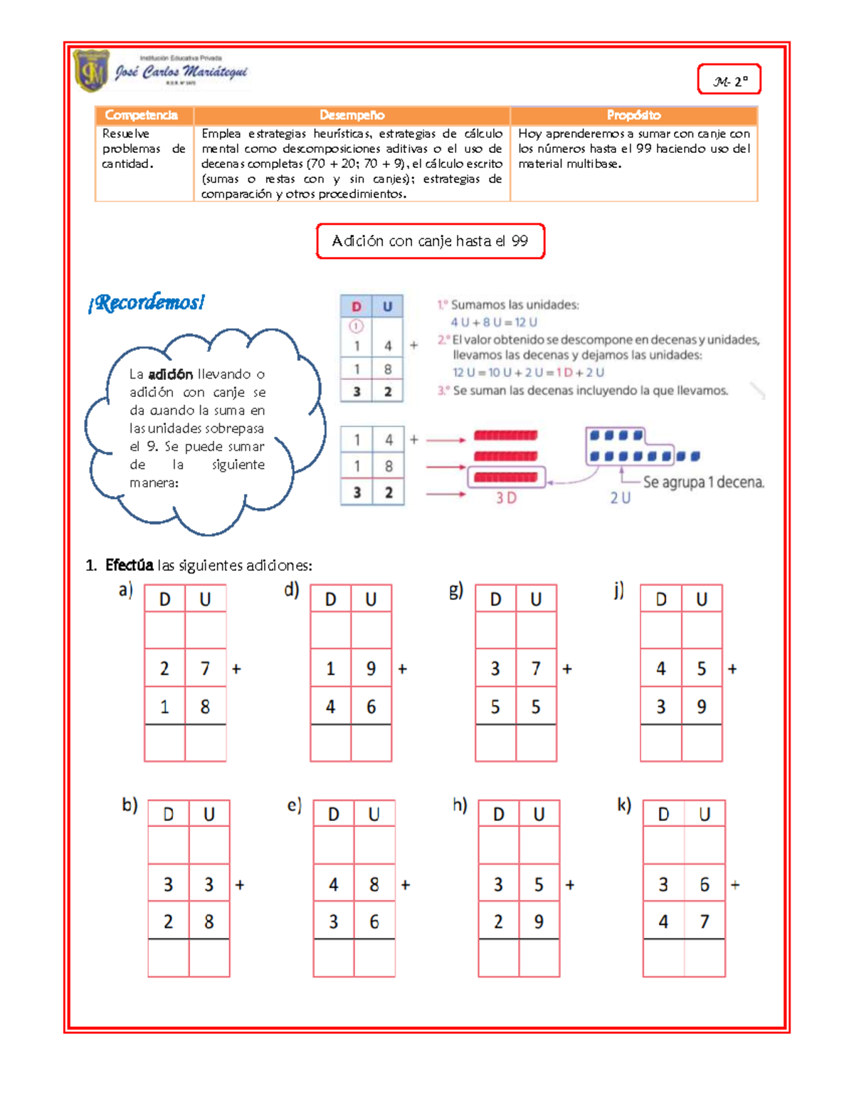 2° Matemática- Adición CON Canje Hasta EL 99 - ¡Recordemos! 1. Efectúa ...