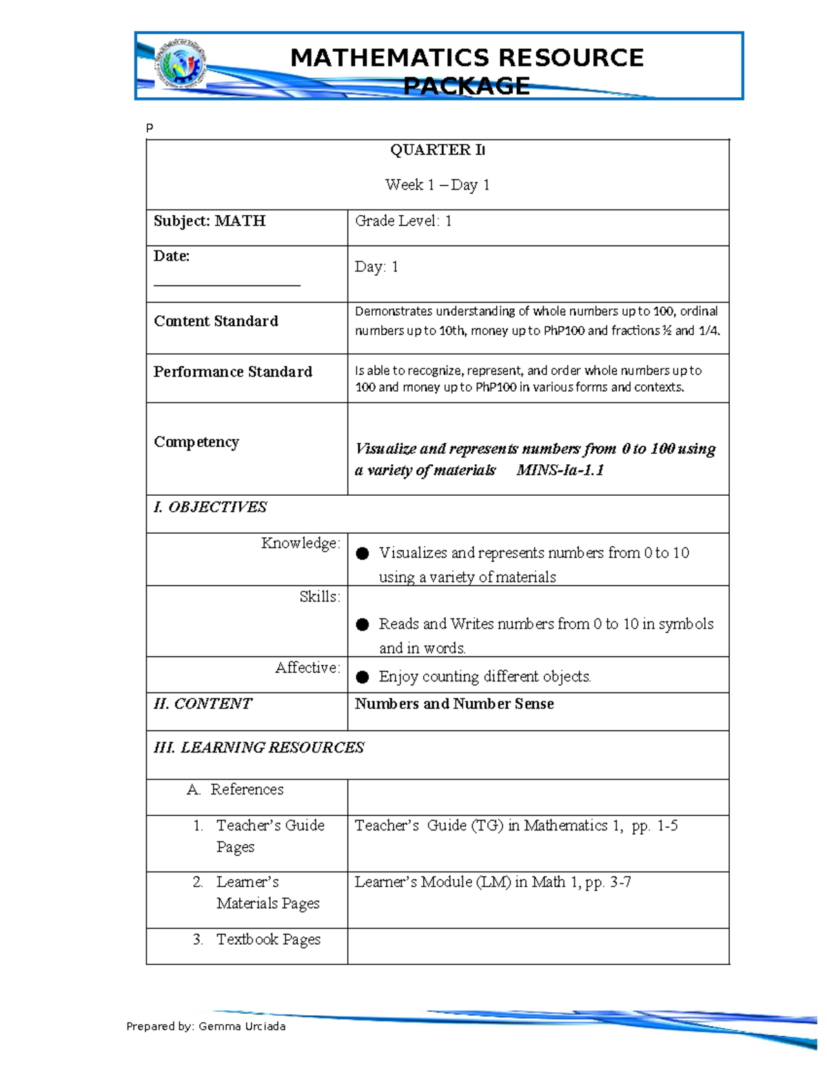 MATH1 Q1 WEEK1 DAY1 - ecstatic - PACKAGE P QUARTER II Week 1 – Day 1 Subject: MATH Grade Level ...