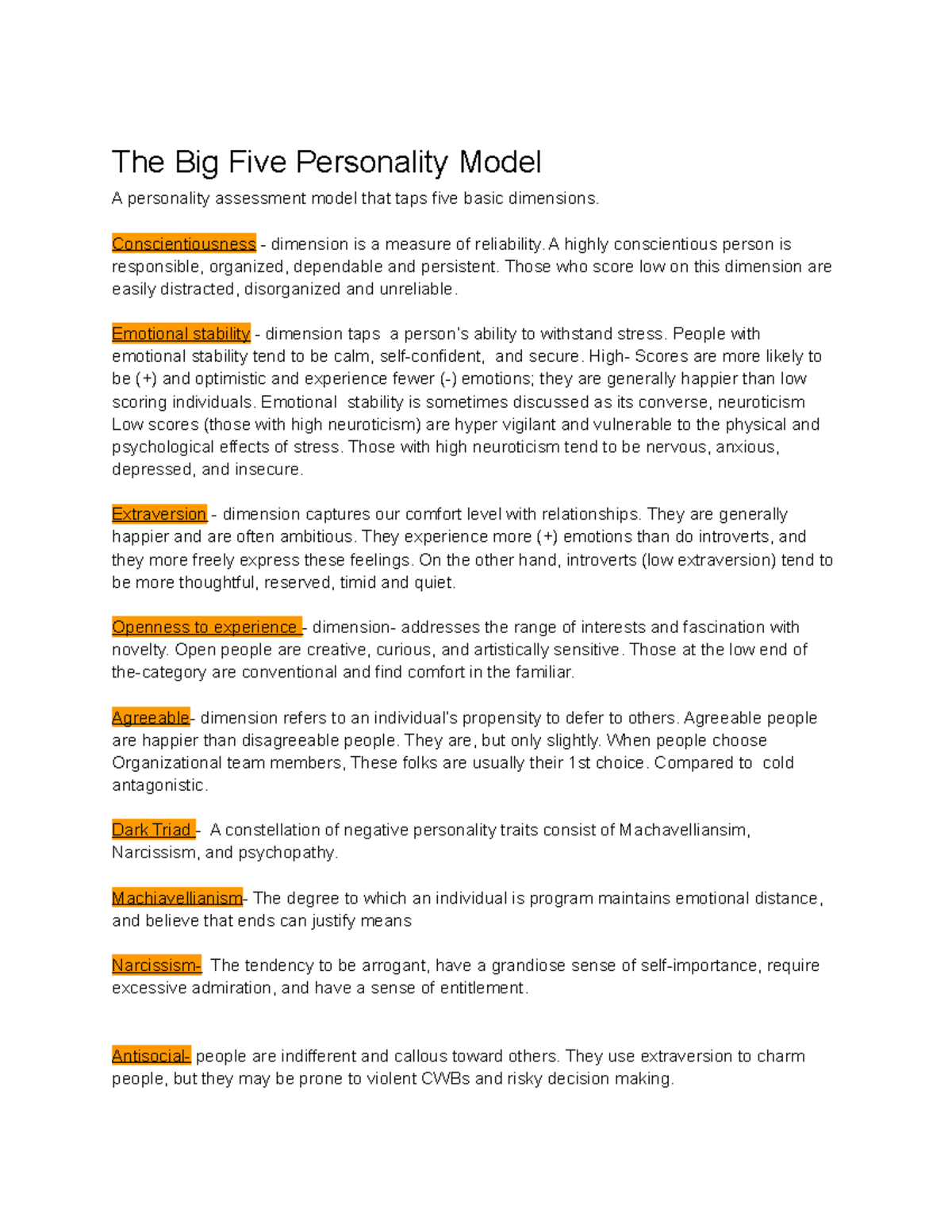 More Chapter 5 Key Terms - The Big Five Personality Model A personality ...