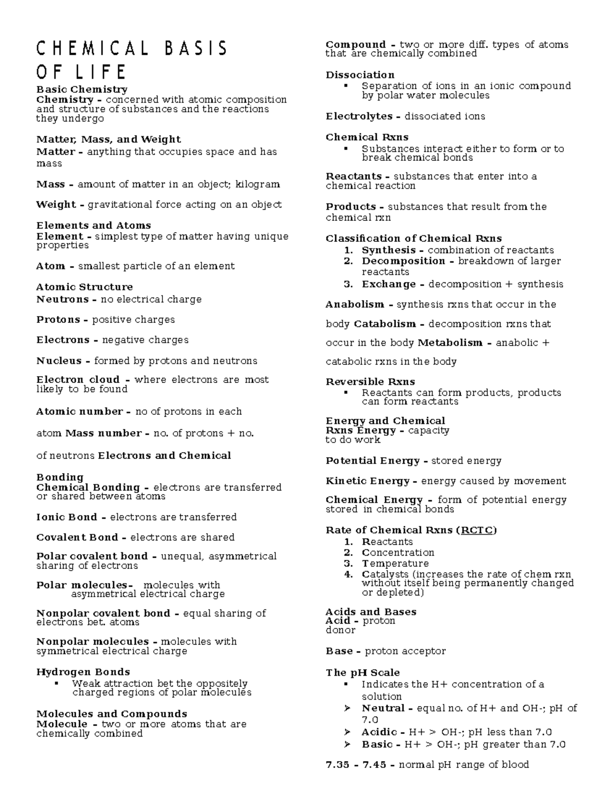 Chemical Basis OF LIFE - C H E M I C A L B A S I S O F L I F E Basic ...