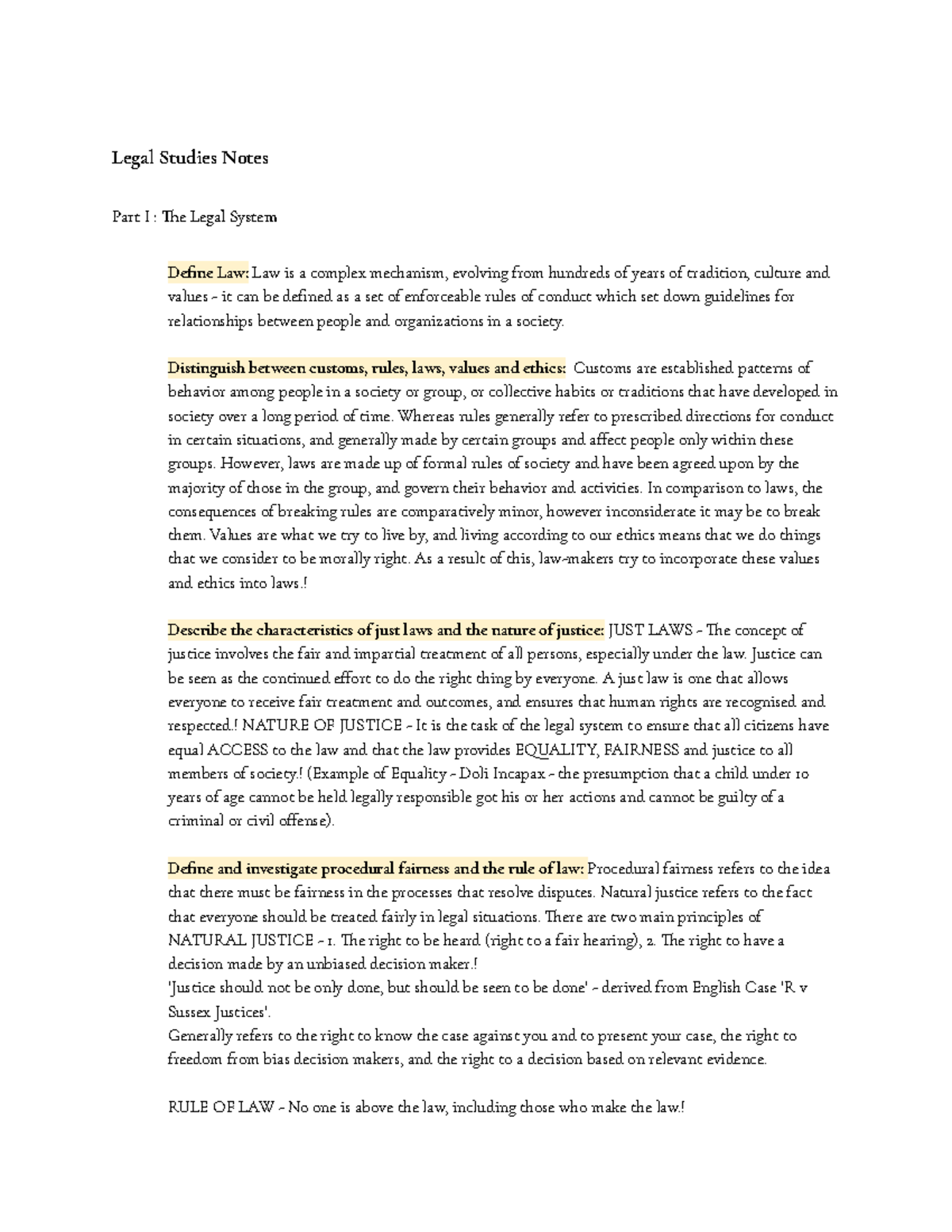 Overview of legal notes - Legal Studies Notes Part I : e Legal System ...