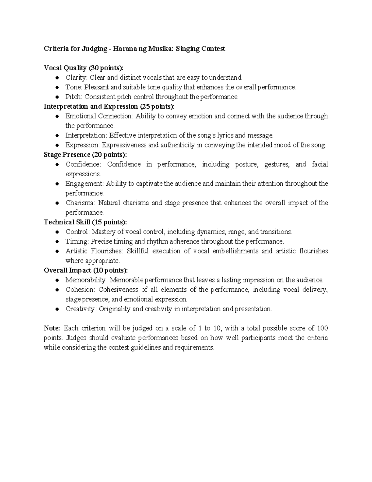 Criteria for Judging - Harana ng Musika Singing Contest - Tone ...