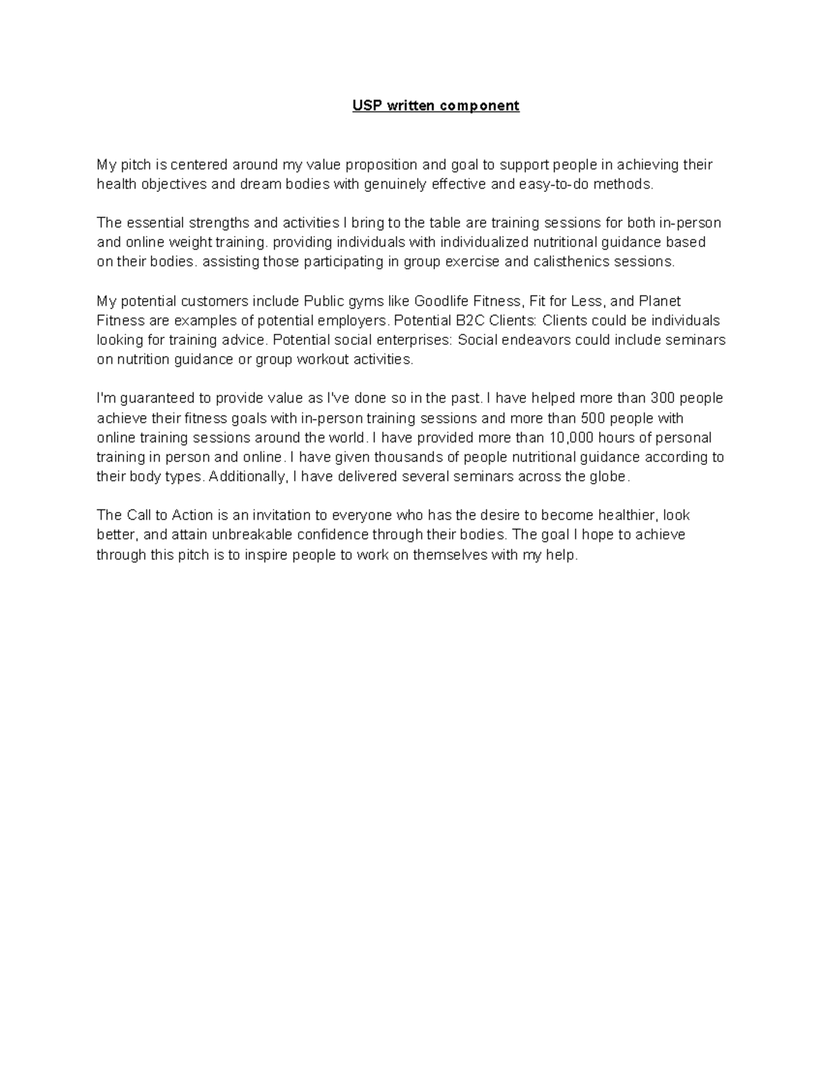 Assignment 4 USP written component - USP written component My pitch is ...