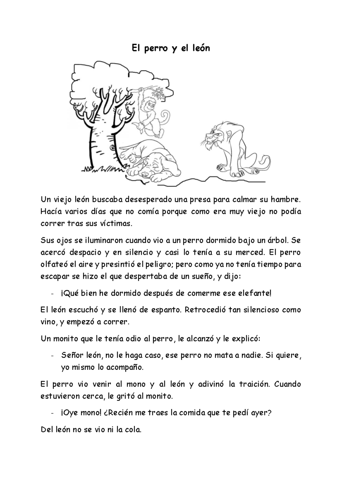 1. El perro y el león - TEXTO DE COMPRENSION LECTORA - El perro y el ...