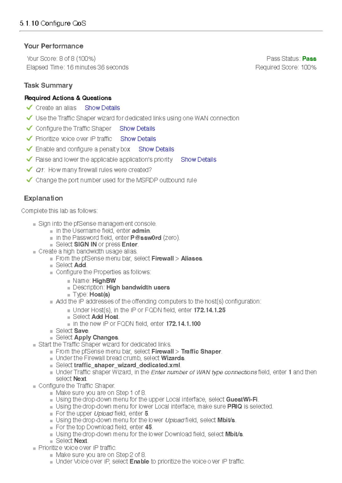 5 1 10 Configure Qo S Pass Status Pass Required Score 100 5 1