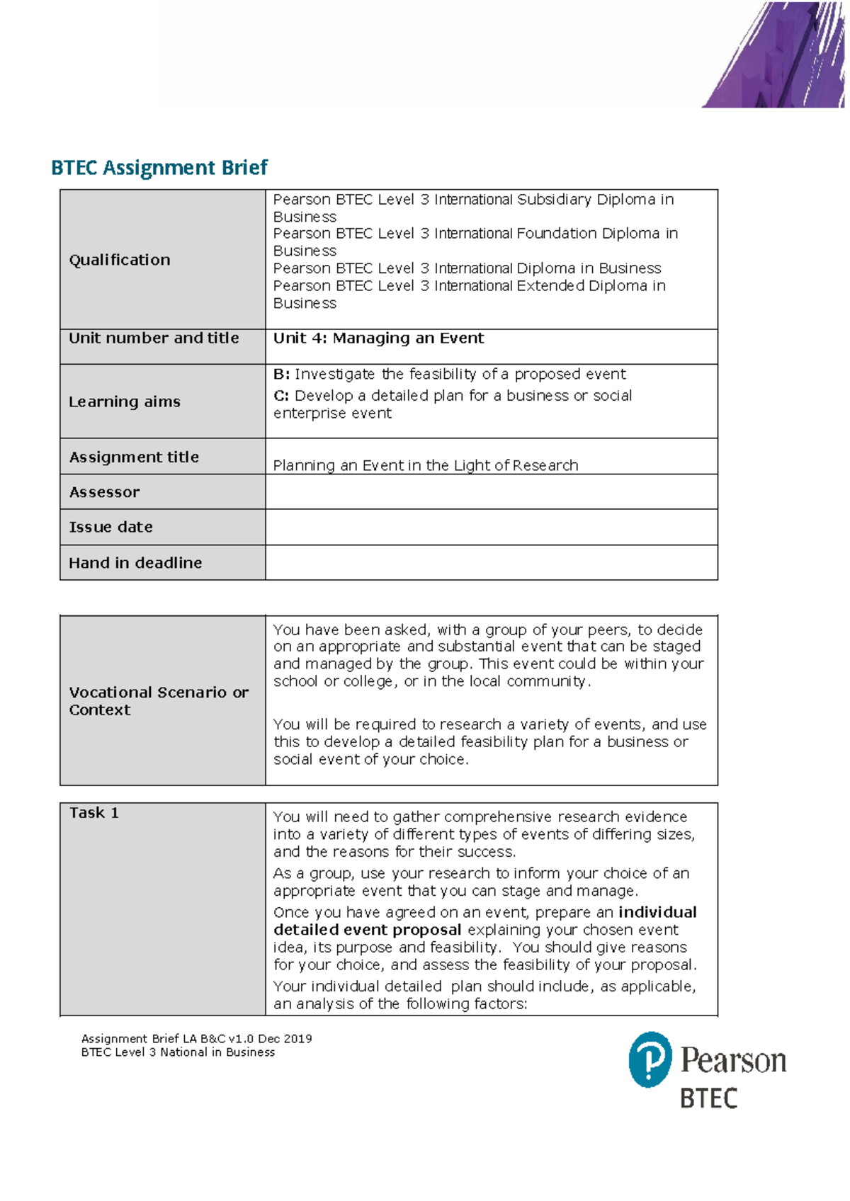 Unit 4 Managing an Event AAB Learning Aims BC - BTEC Assignment Brief Qualification Pearson BTEC ...