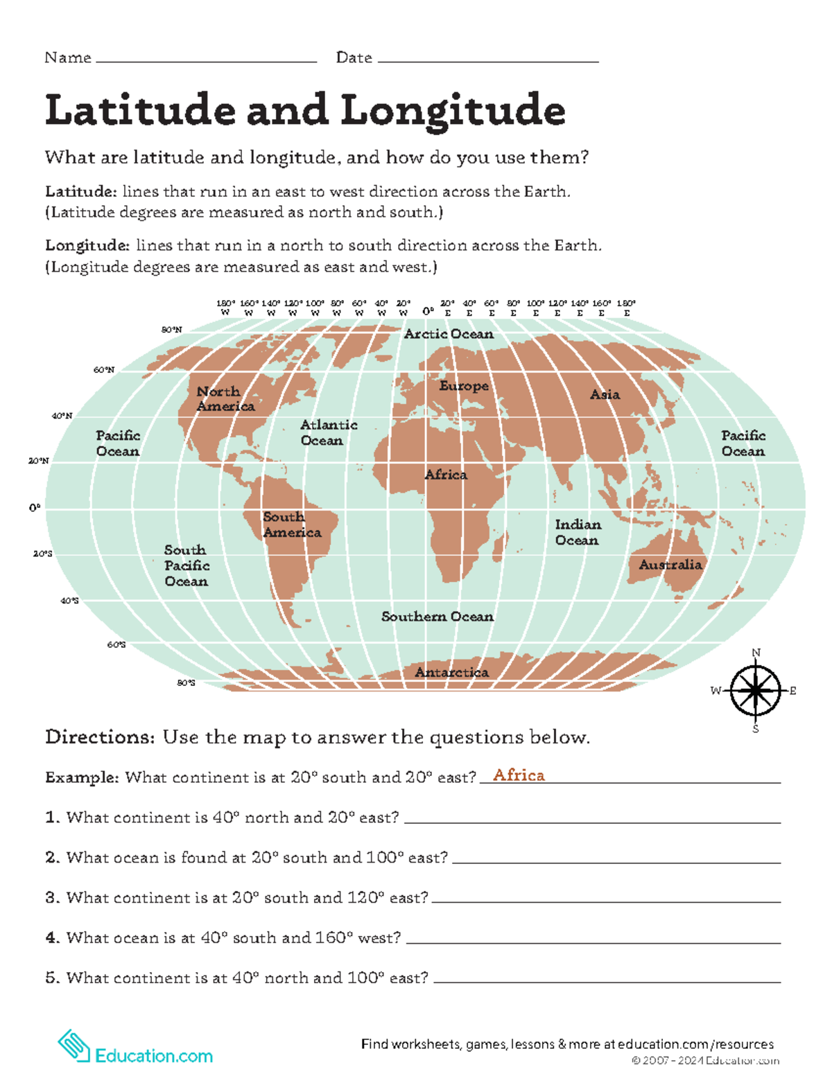 Latitude-and-longitude numerical activity - Name Latitude and Longitude ...