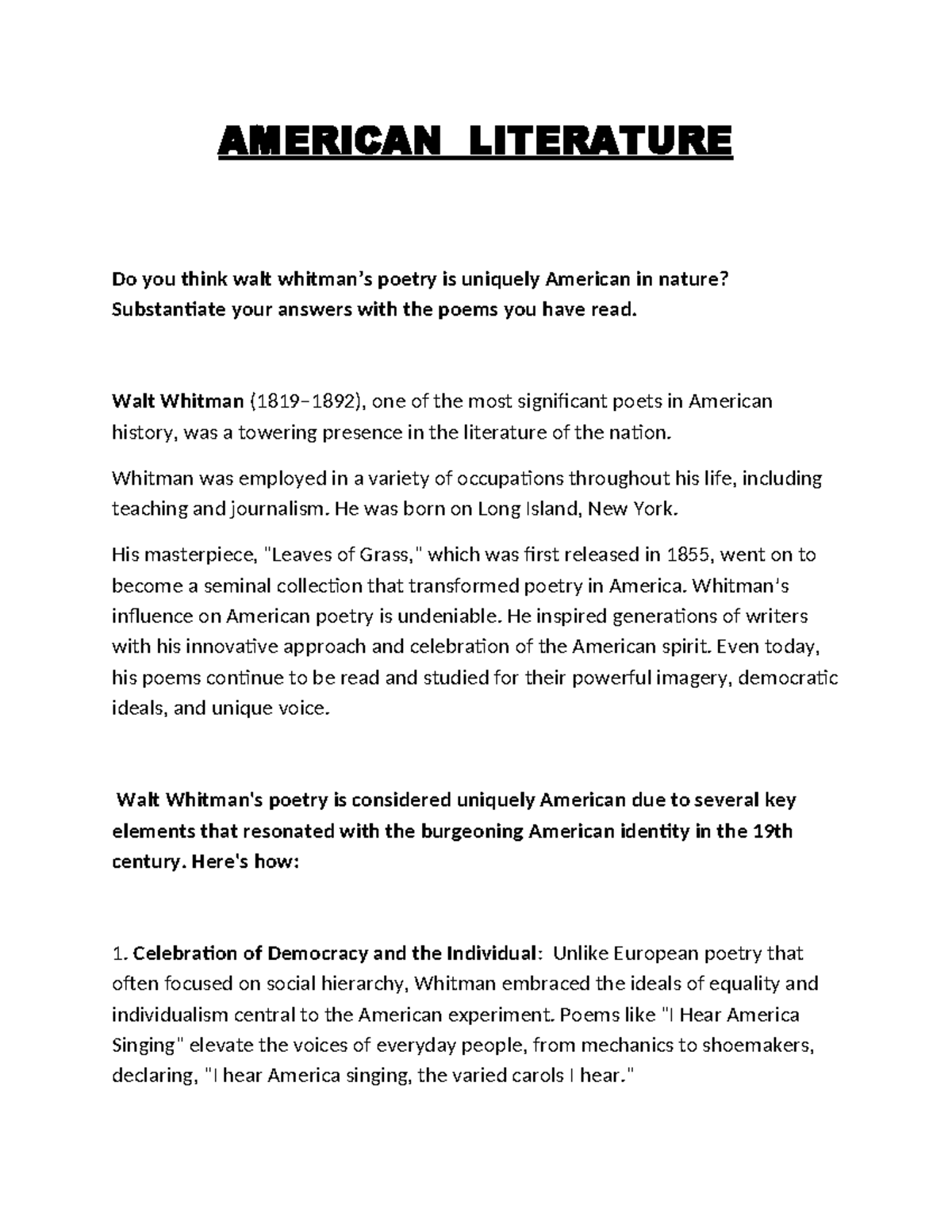 American Literature - AMERICAN LITERATURE Do you think walt whitman’s ...