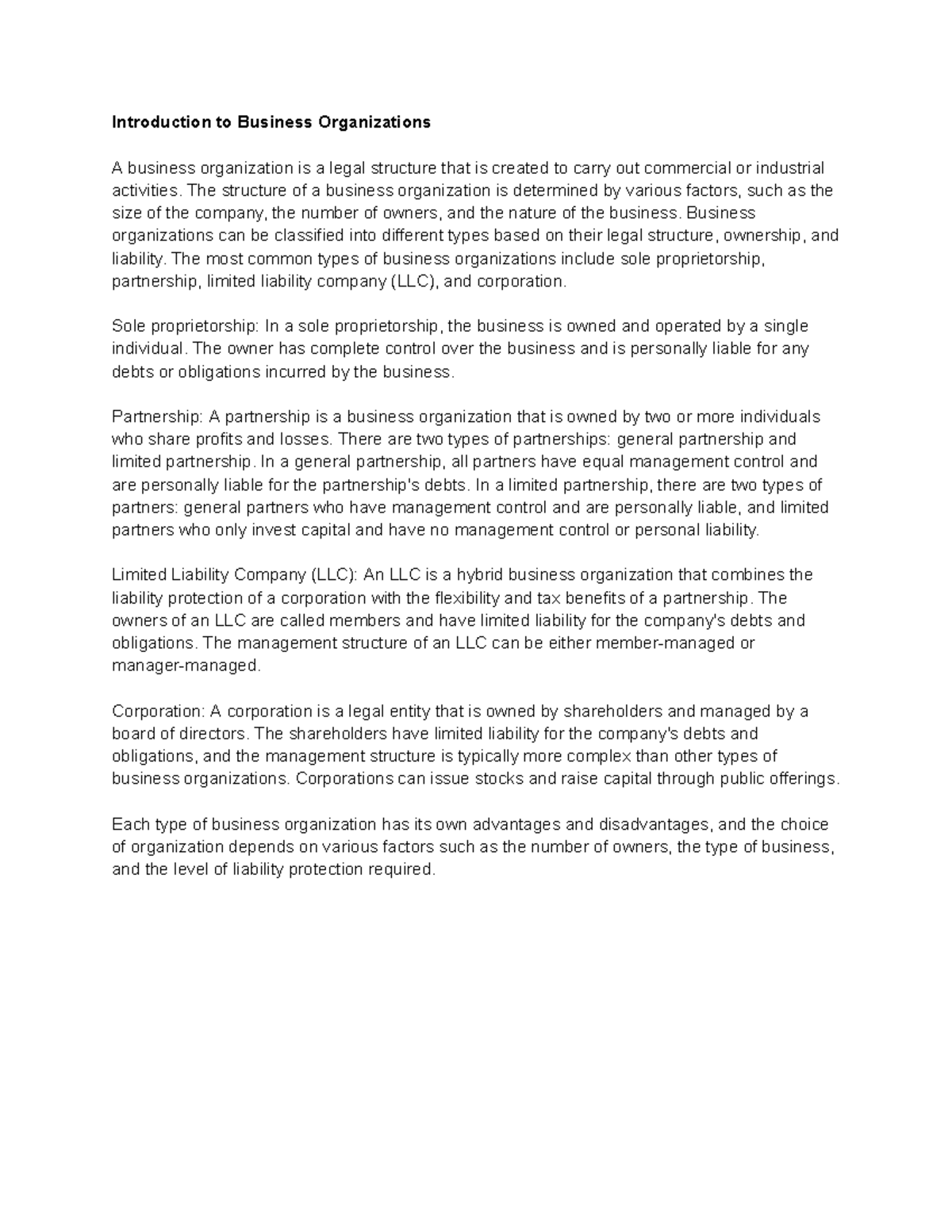 Business Organizations - The structure of a business organization is ...