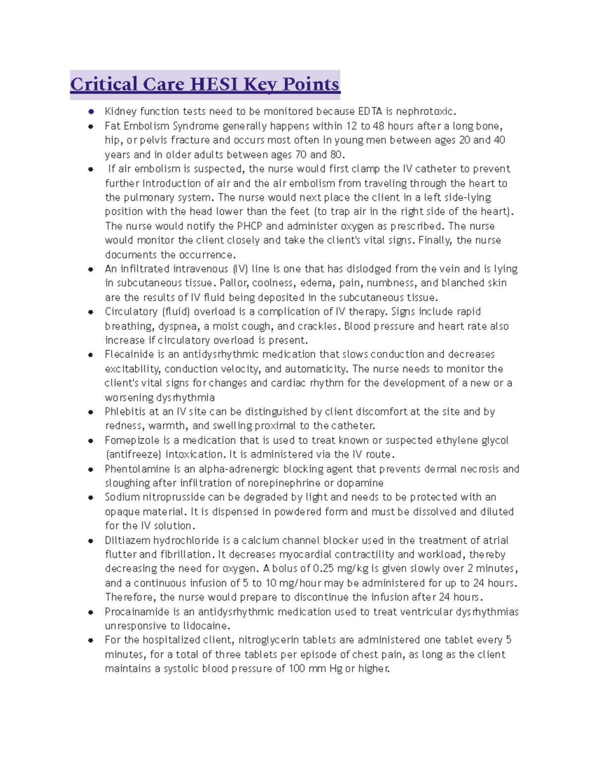 Critical Care HESI Key Points - Fat Embolism Syndrome generally happens ...