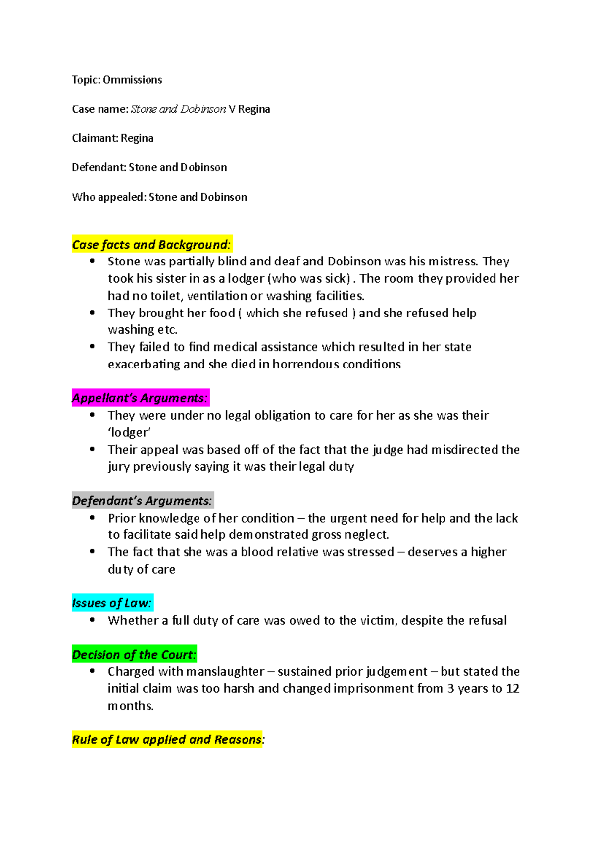 Stone and Dobinson - ommissions - Topic: Ommissions Case name: Stone ...