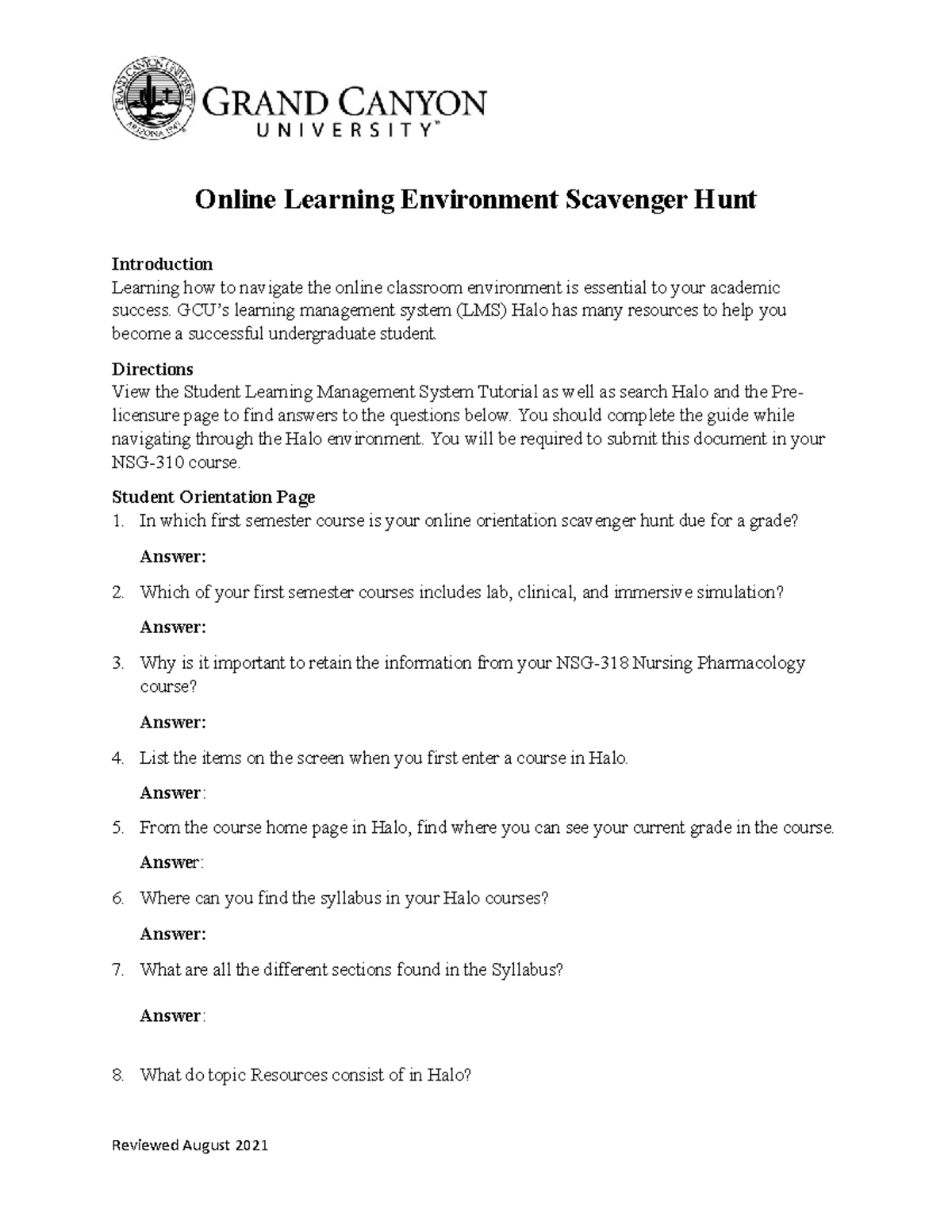 ABSN Scavenger Hunt Worksheet - Online Learning Environment Scavenger ...