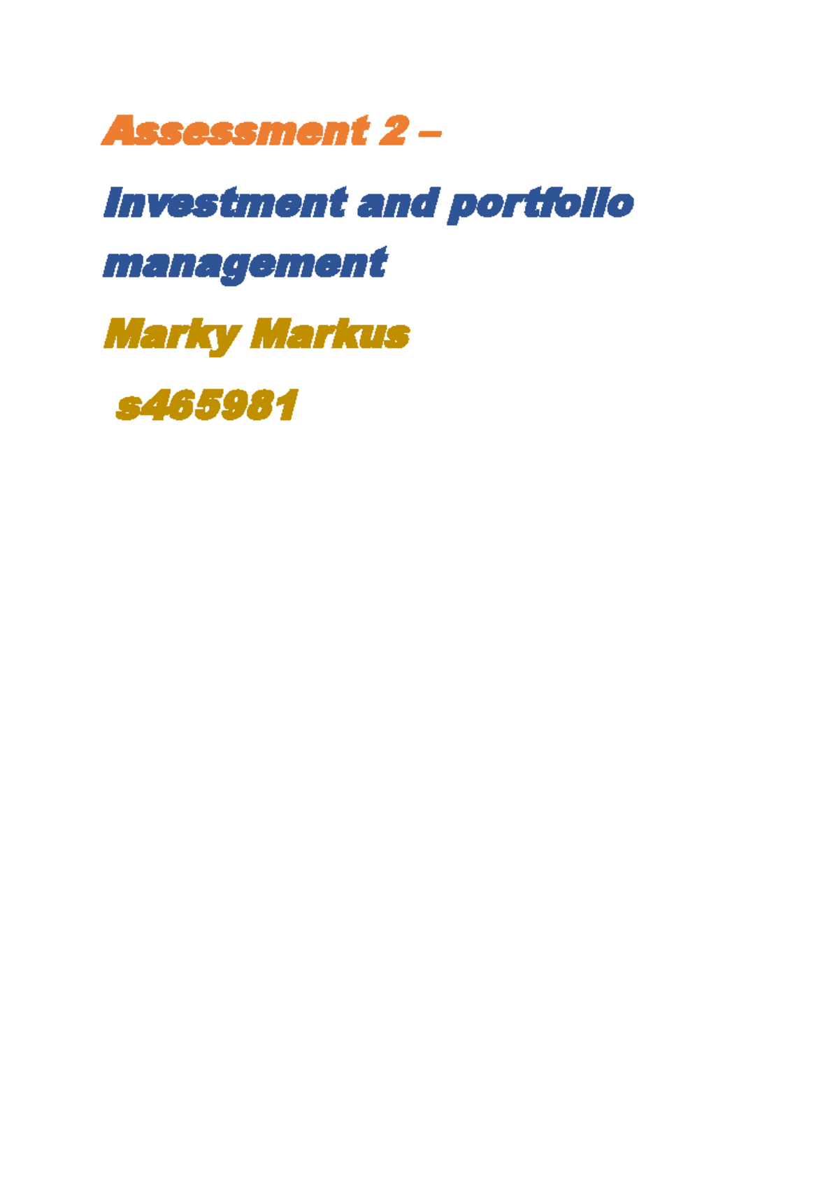 Assessment 2 Investment and portfolio management - Assessment 2 ...