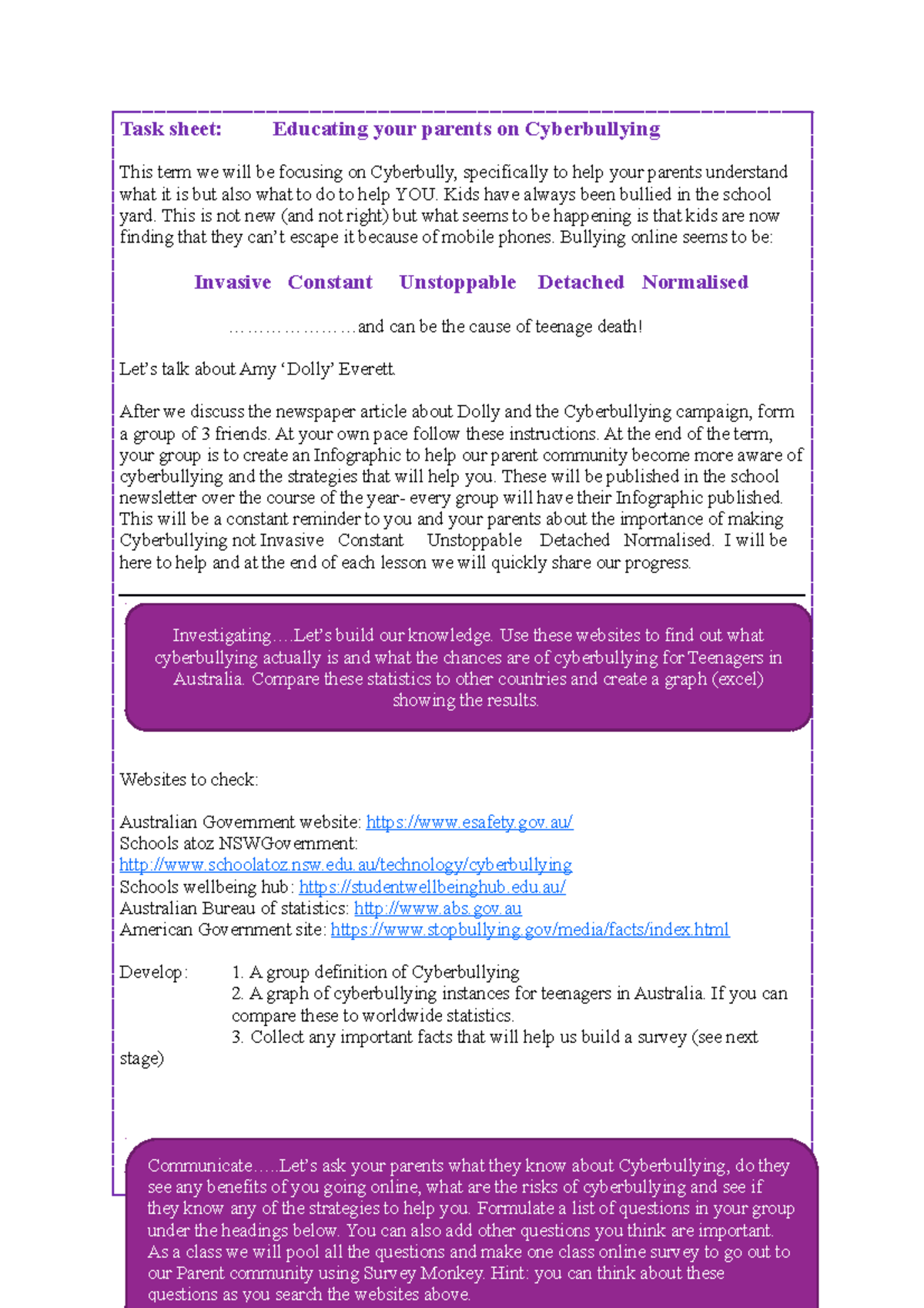 Task sheet-cyberbullying example - Task sheet: Educating your parents ...