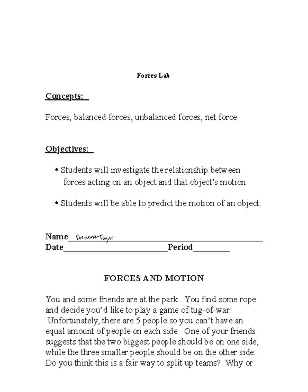 Lab+8+Balance+Forces - Forces Lab Concepts: Forces, balanced forces ...