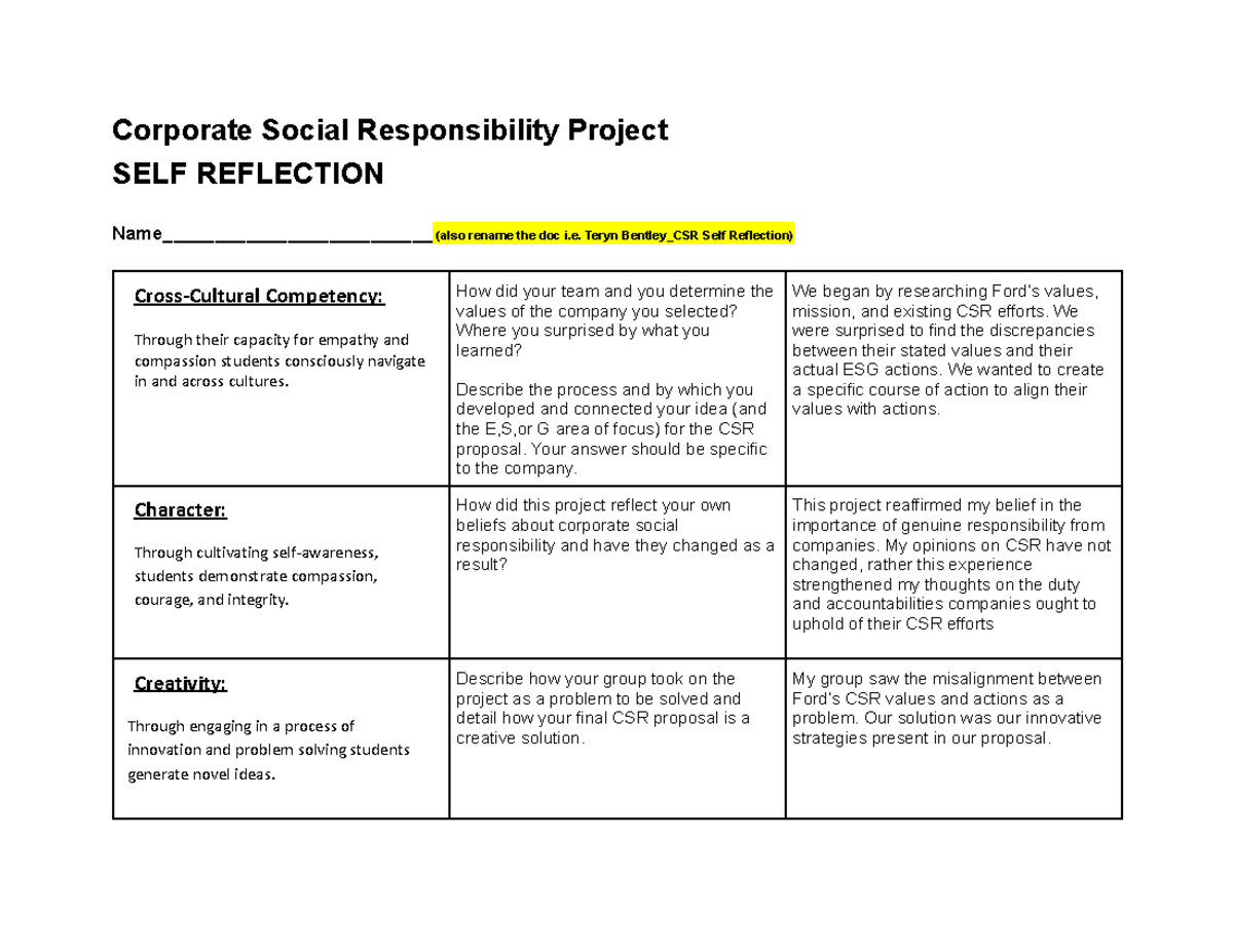 CSR Self Reflection - CSR MAJOR PROJECT - Corporate Social ...
