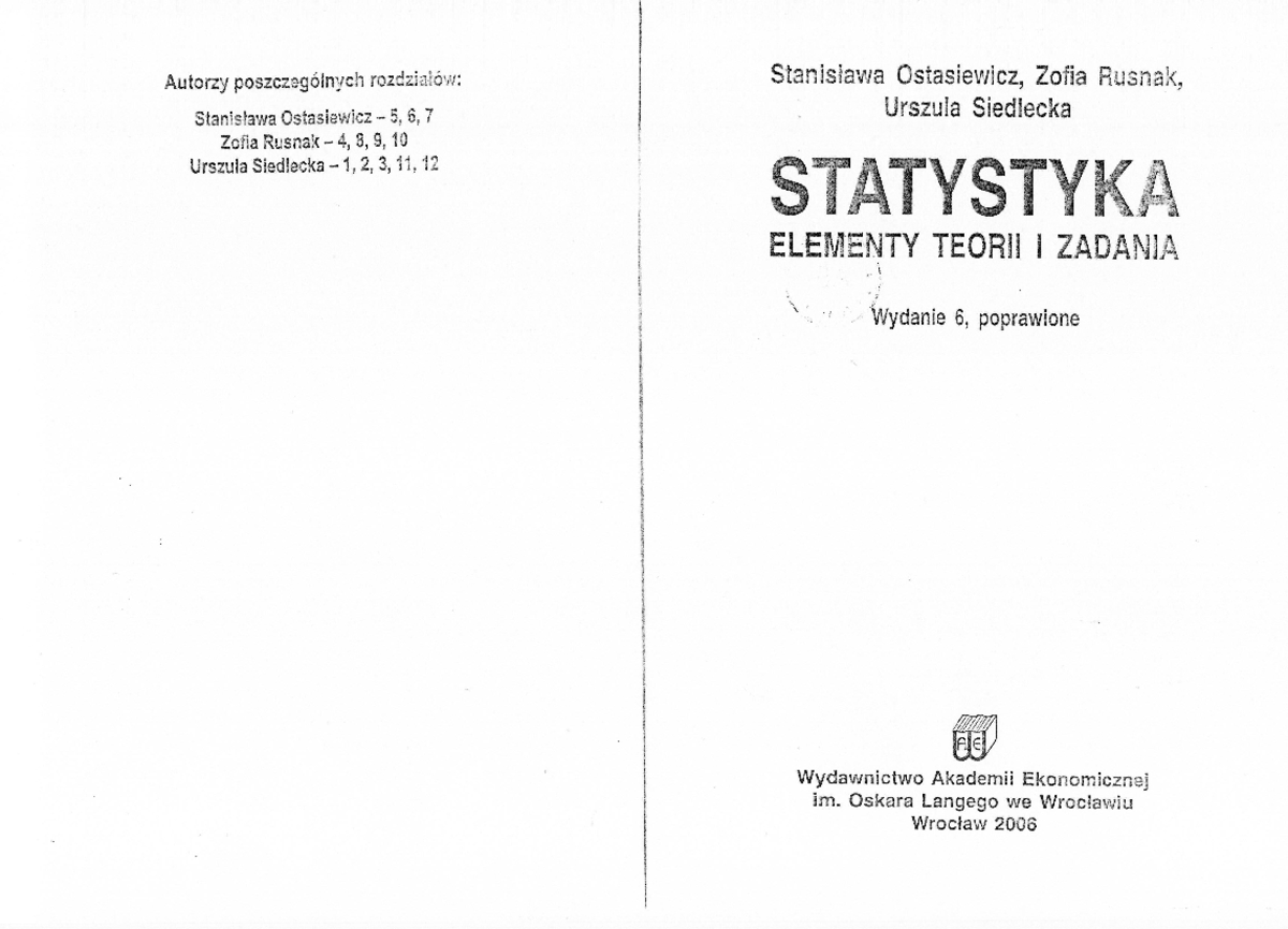 Książka Statystyka elemnty teorii i zadania - Logistyka - PRz - Studocu