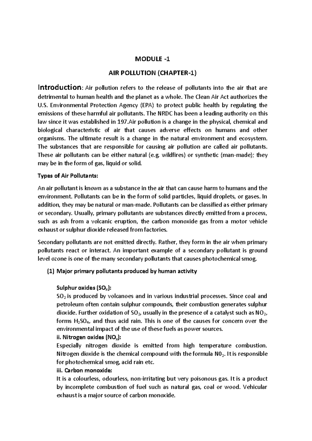 ES Notes 1 - MODULE - AIR POLLUTION (CHAPTER-1) Introduction: Air ...