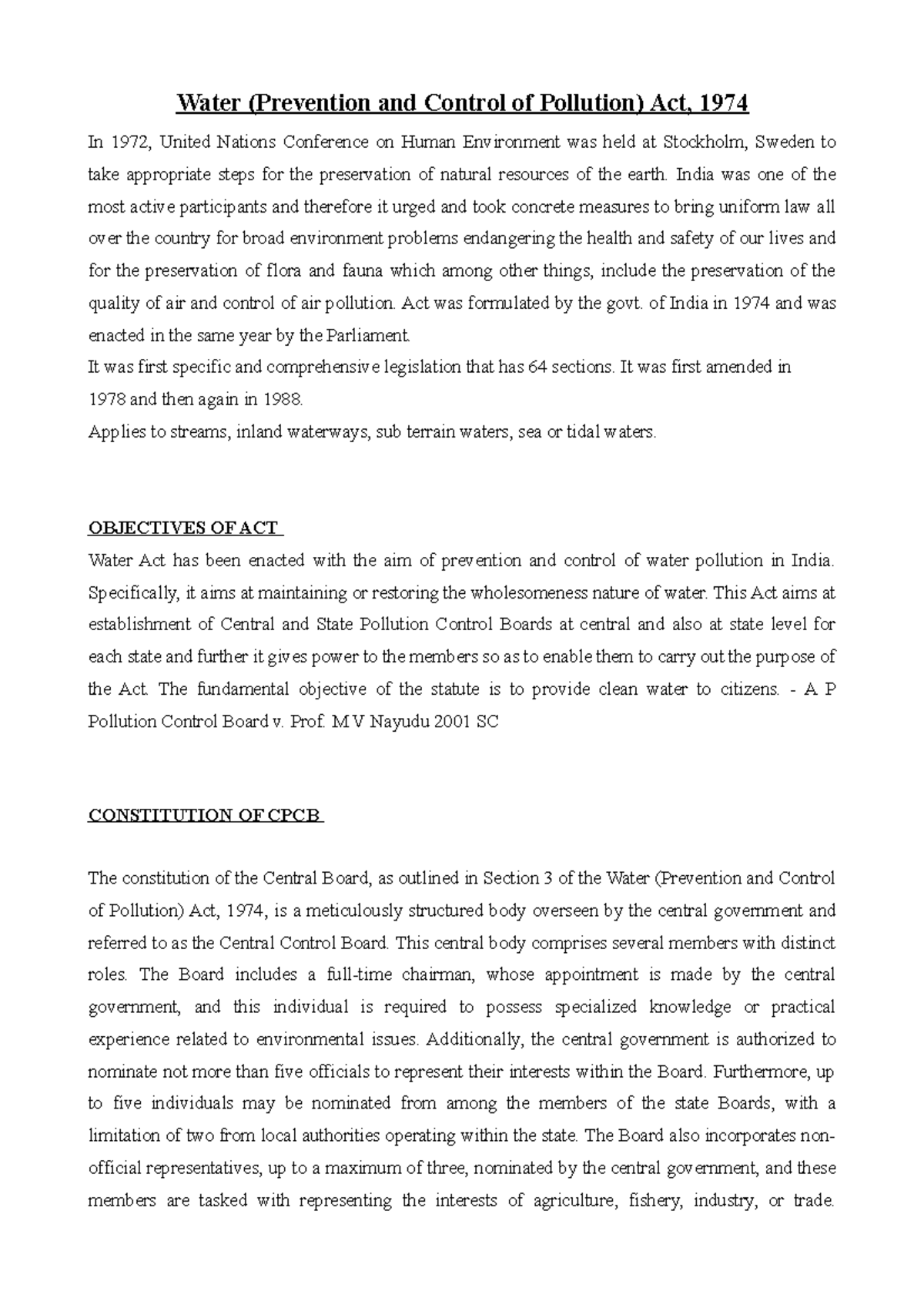 Water act notes - Water (Prevention and Control of Pollution) Act, 1974 ...