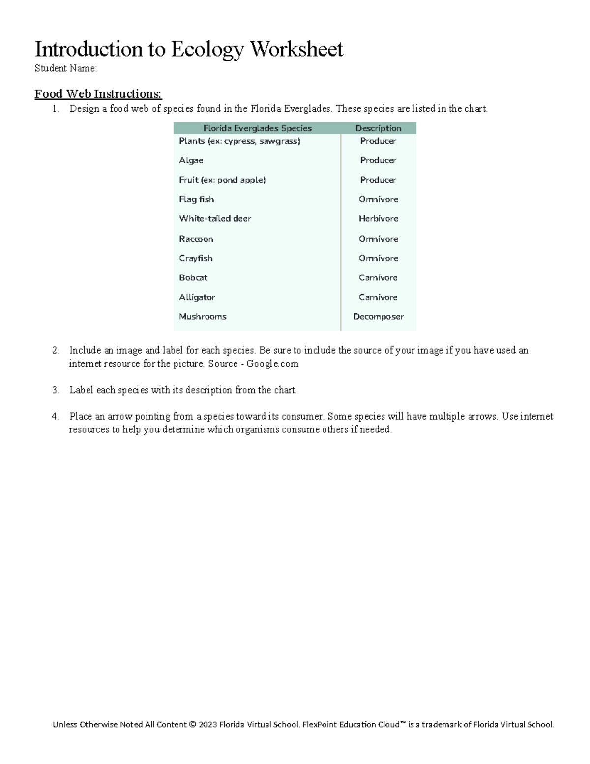 01 03 worksheet - Assignment for lesson 1.03 - Introduction to Ecology ...
