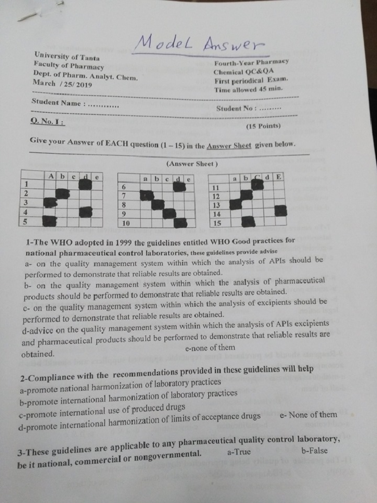 QC Sheet 2019 Model Answer - Industrial Pharmacy - Studocu