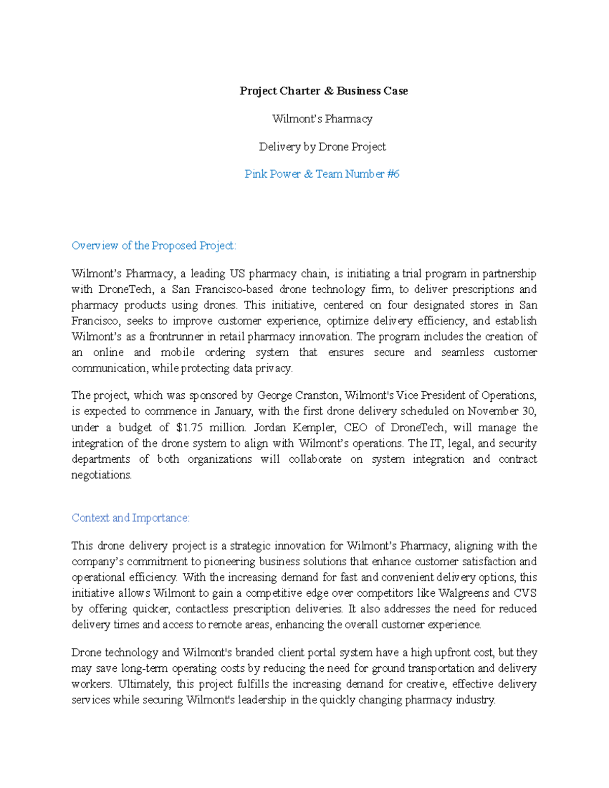 Team 6 Pink Power Project Charter & Business Case - Project Charter ...