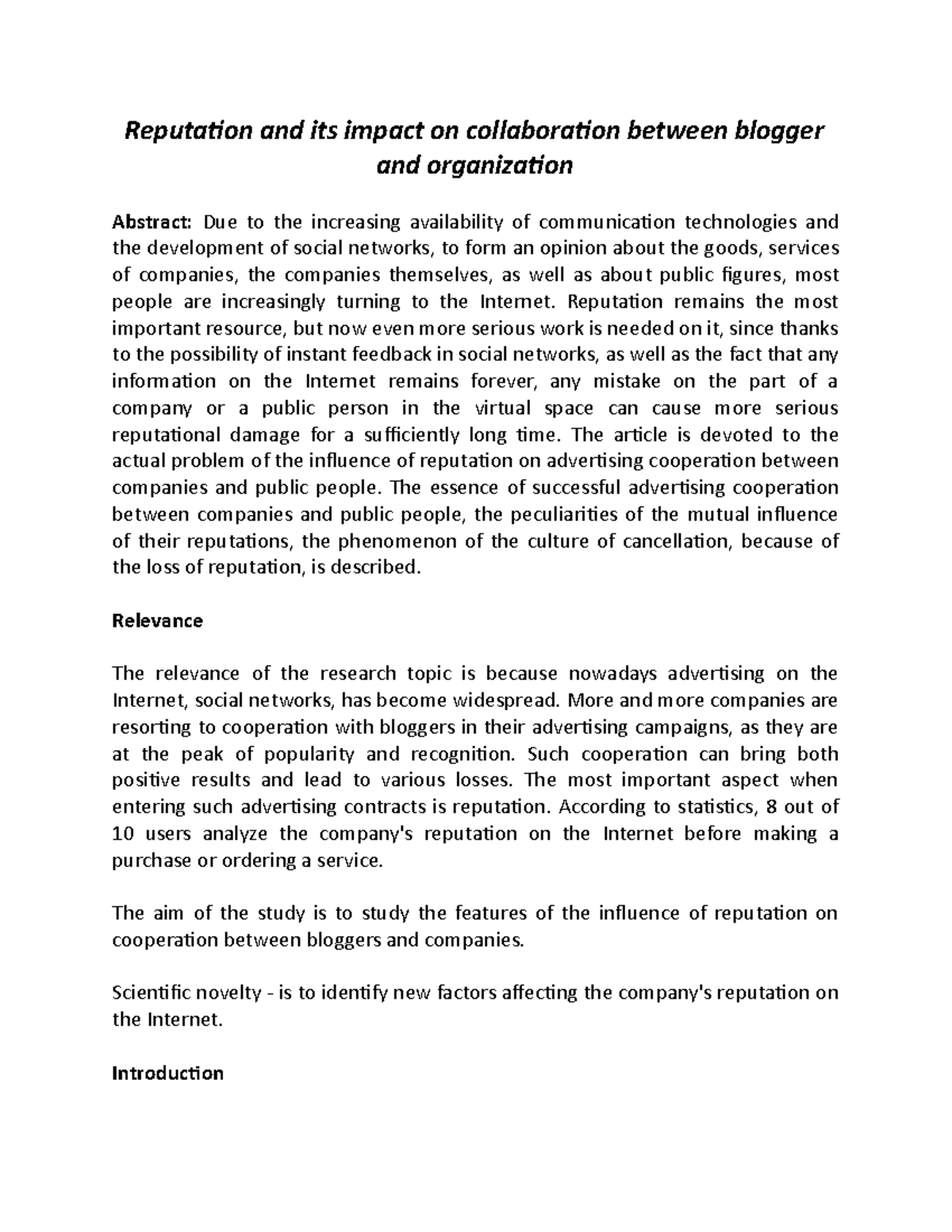 Essay Reputation and its impact on collaboration between blogger and ...