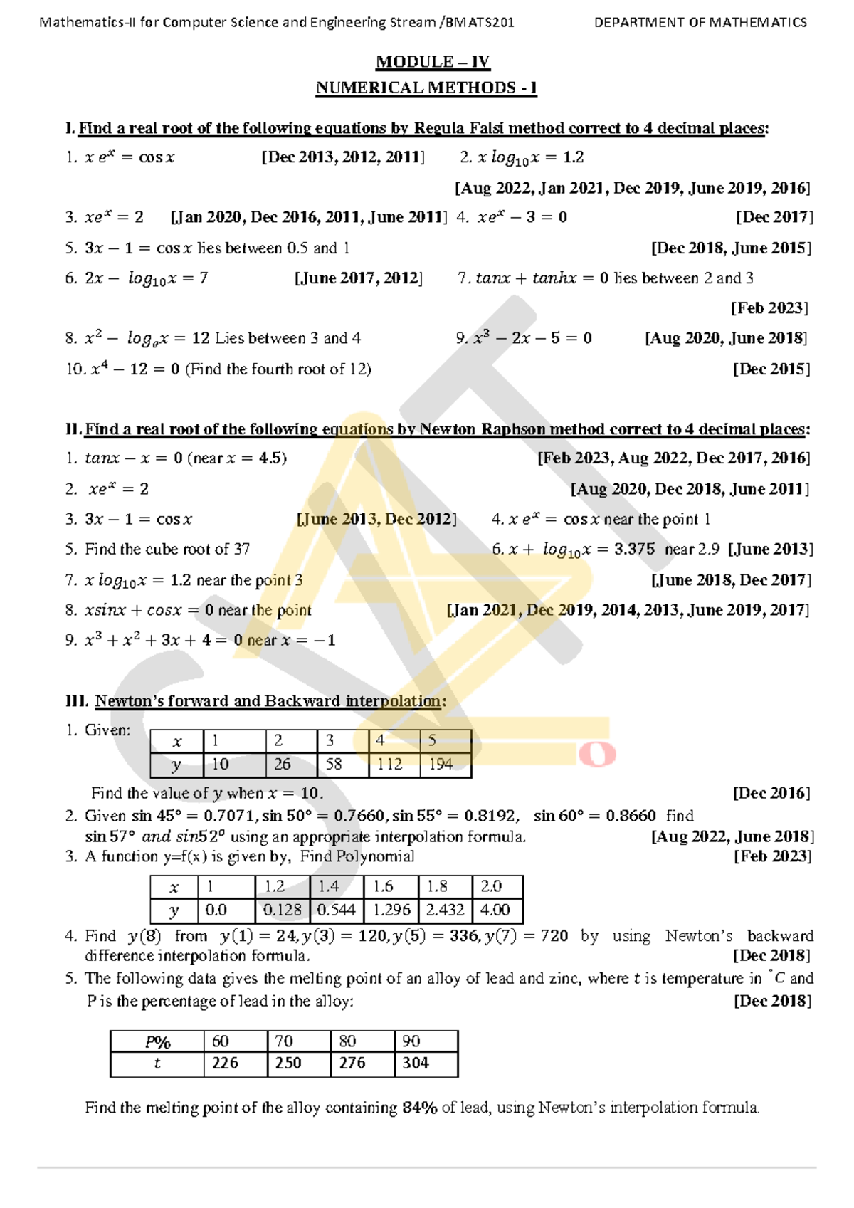 Module 4 Question Bank - Ffg - MODULE – IV NUMERICAL METHODS - I I ...