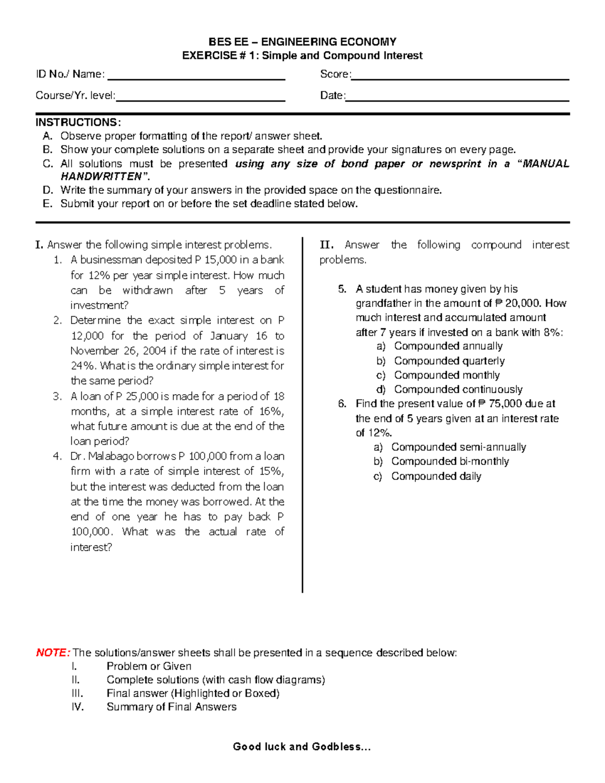 BES EE Exercise No - BES EE – ENGINEERING ECONOMY EXERCISE # 1: Simple ...