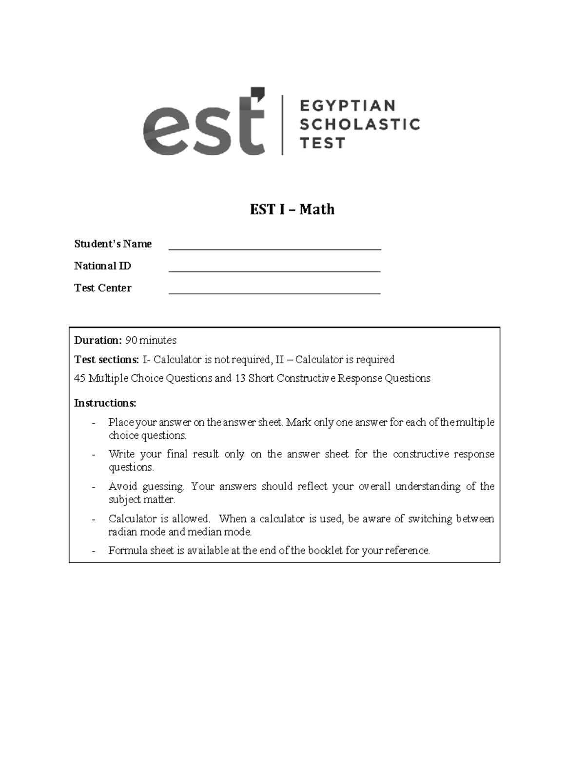 1111 - EST I – Math Student’s Name ...