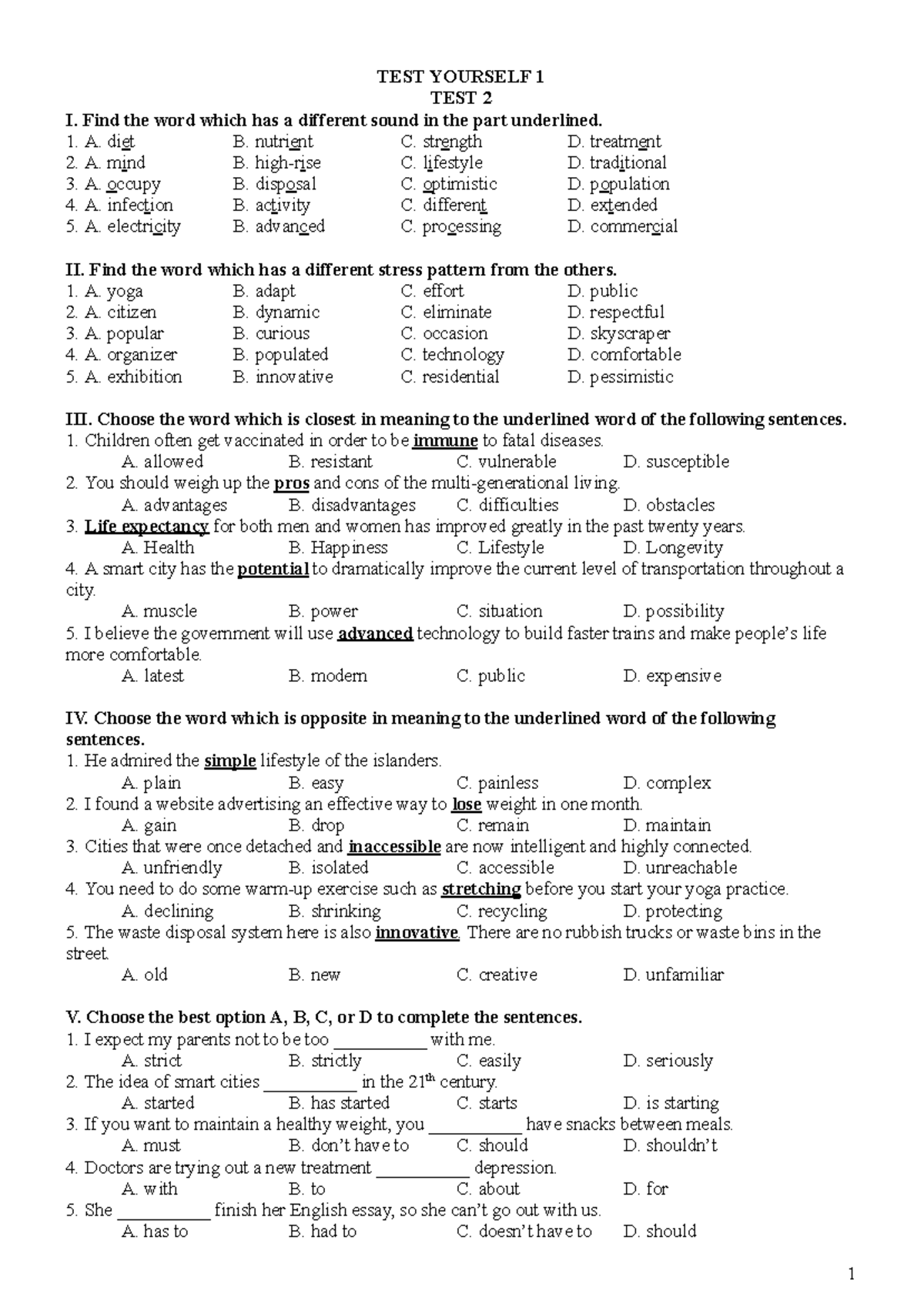 11. TEST Yourself 1 - TEST 2 - TEST YOURSELF 1 TEST 2 I. Find the word ...