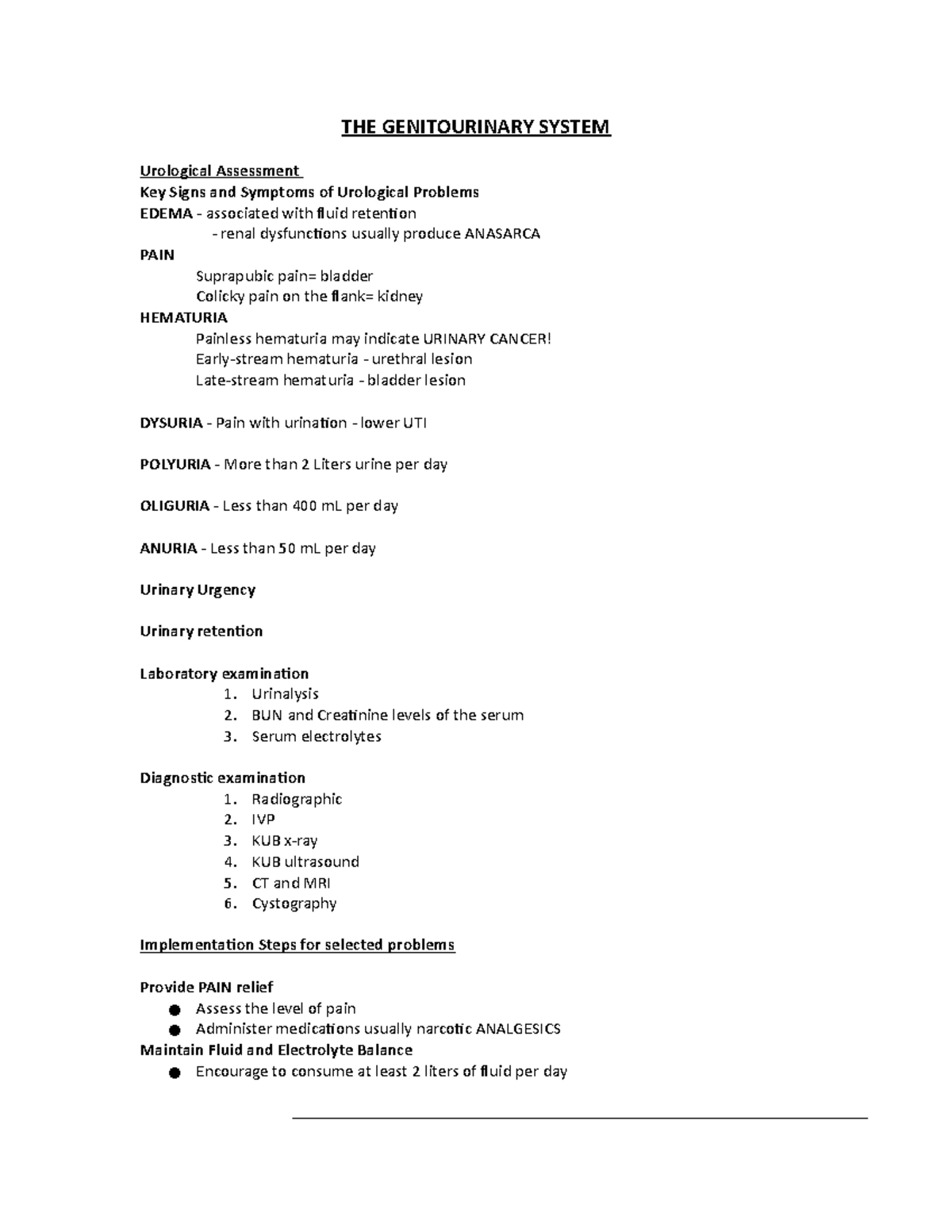 Renal-Nursing - Notes - THE GENITOURINARY SYSTEM Urological Assessment ...
