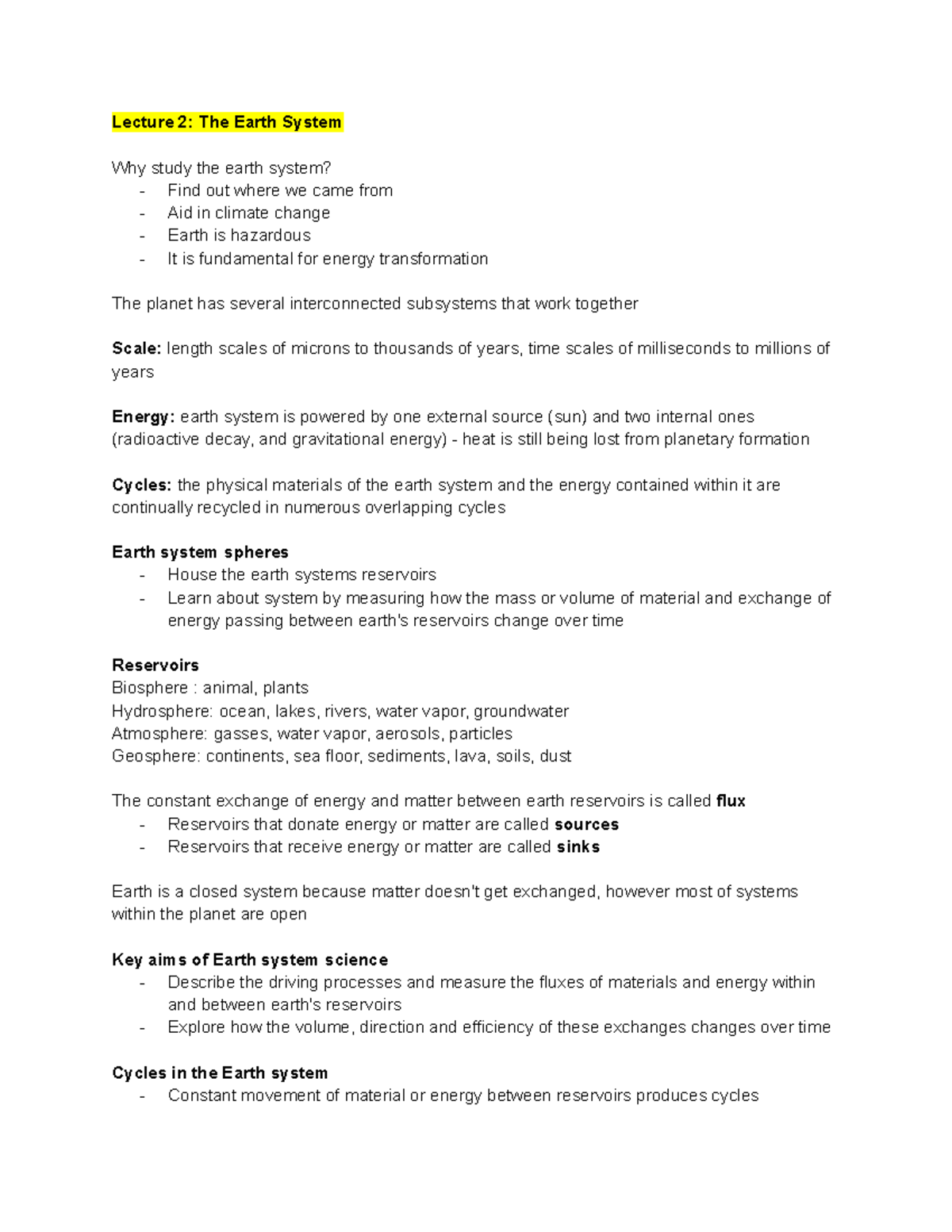 Eaos revision - summary notes - Lecture 2: The Earth System Why study ...
