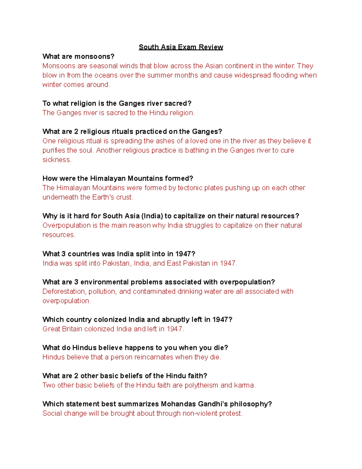 World Geography South Asia Test Review - South Asia Exam Review What ...