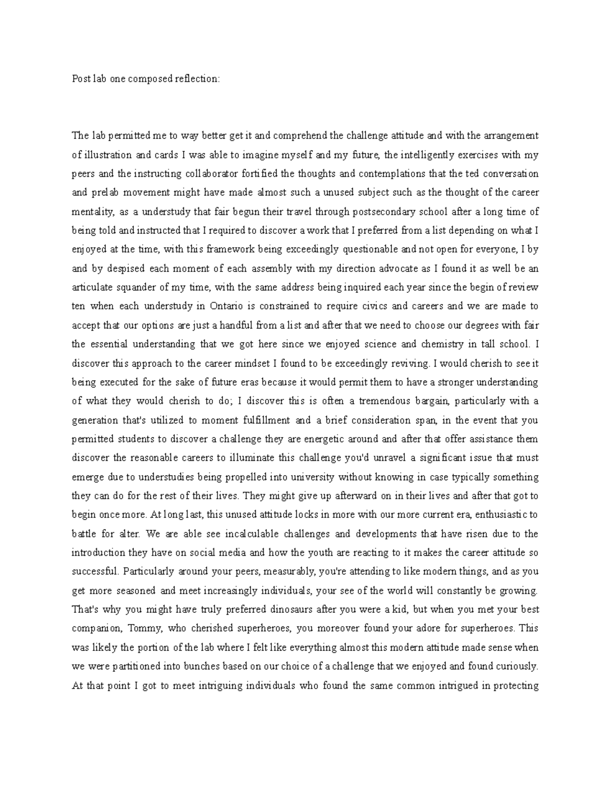 reflection post lab - Post lab one composed reflection: The lab ...