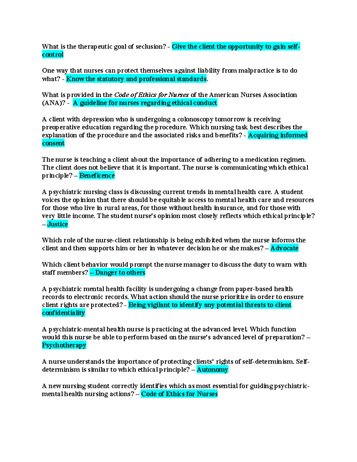 psych-Notes-chapter 9-10 - What is the therapeutic goal of seclusion ...