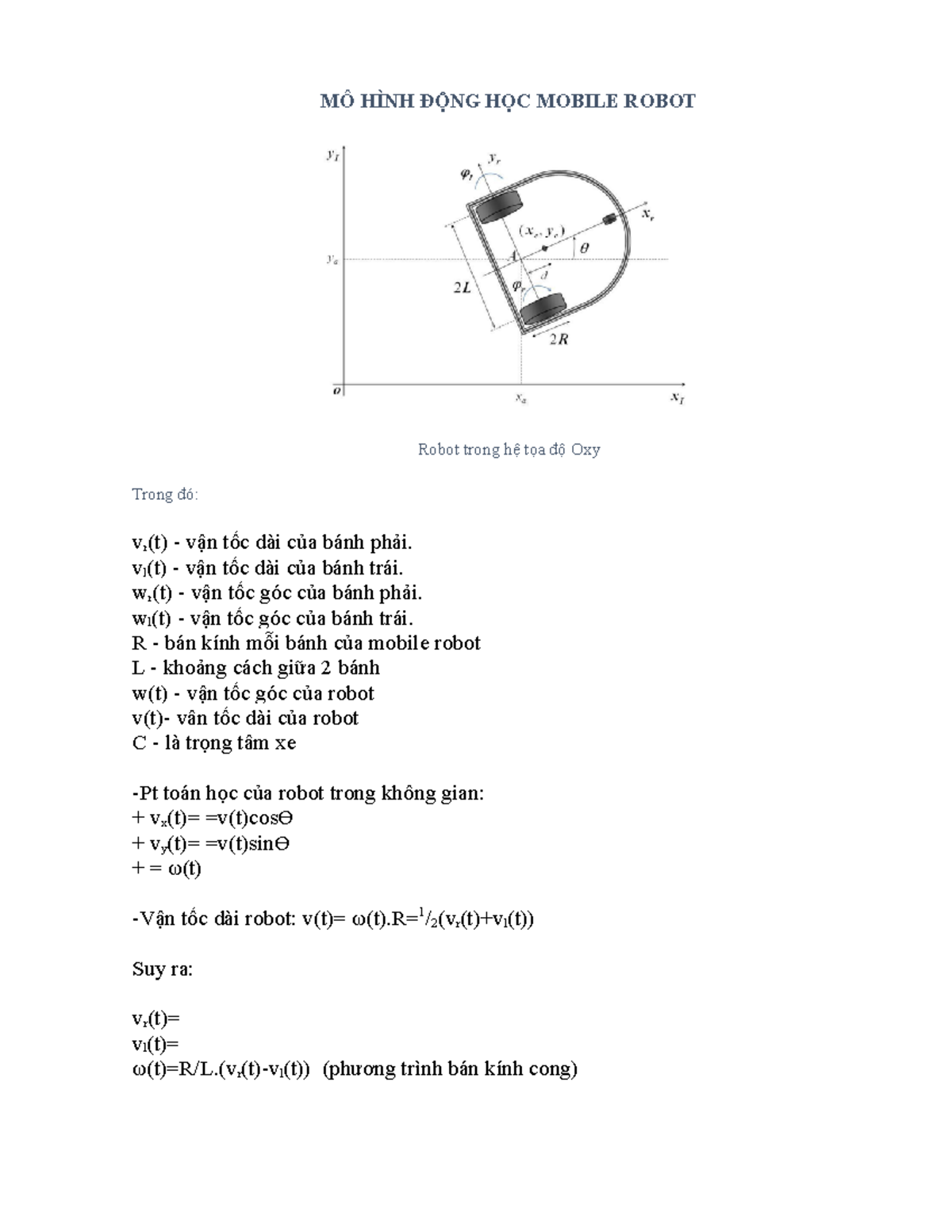 MÔ HÌNH ĐỘNG HỌC Mobile Robot - MÔ HÌNH ĐỘNG HỌC MOBILE ROBOT Robot trong hệ tọa độ Oxy Trong đó ...