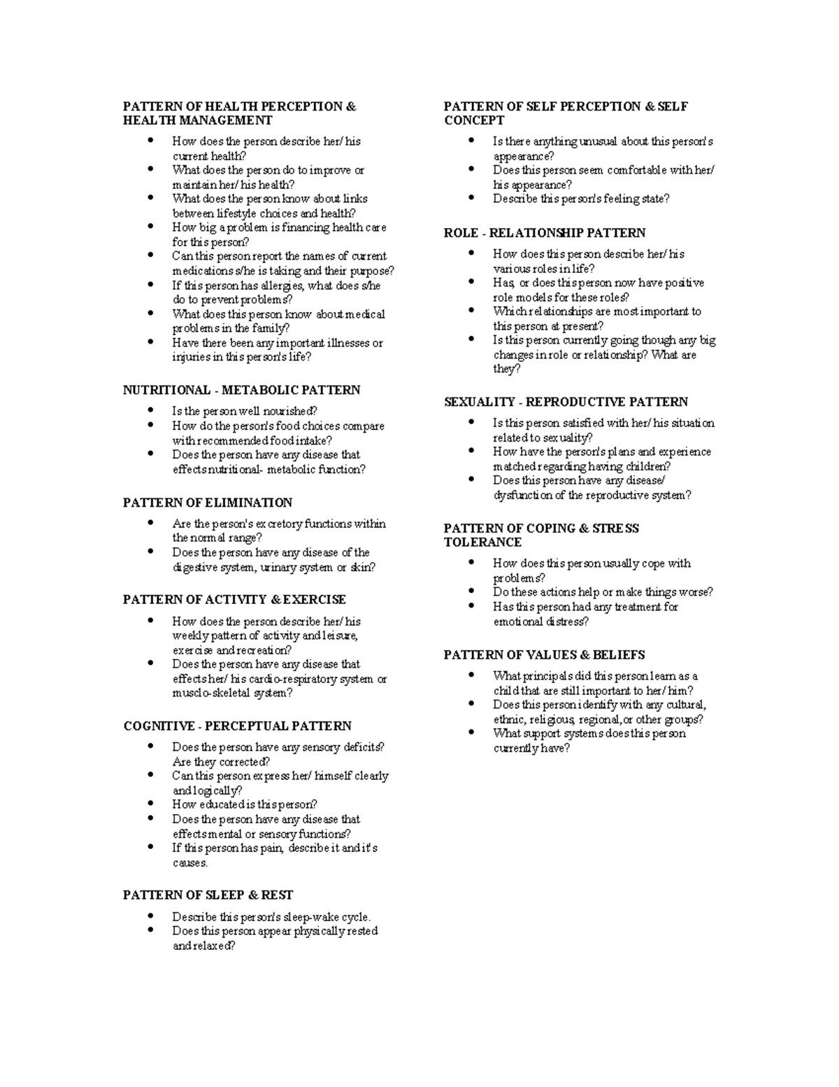 11888459 Gordons 11 Functional Patterns Questions - PATTERN OF HEALTH ...