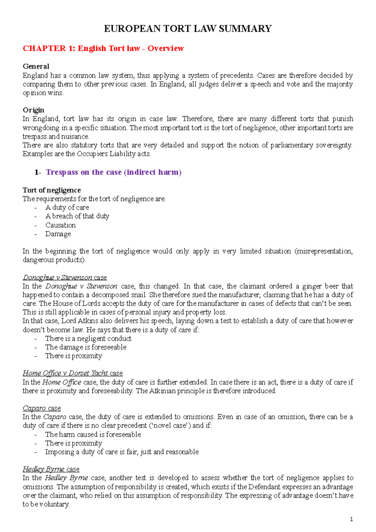 Tort-law-summary - for exam - EUROPEAN TORT LAW SUMMARY CHAPTER 1 ...